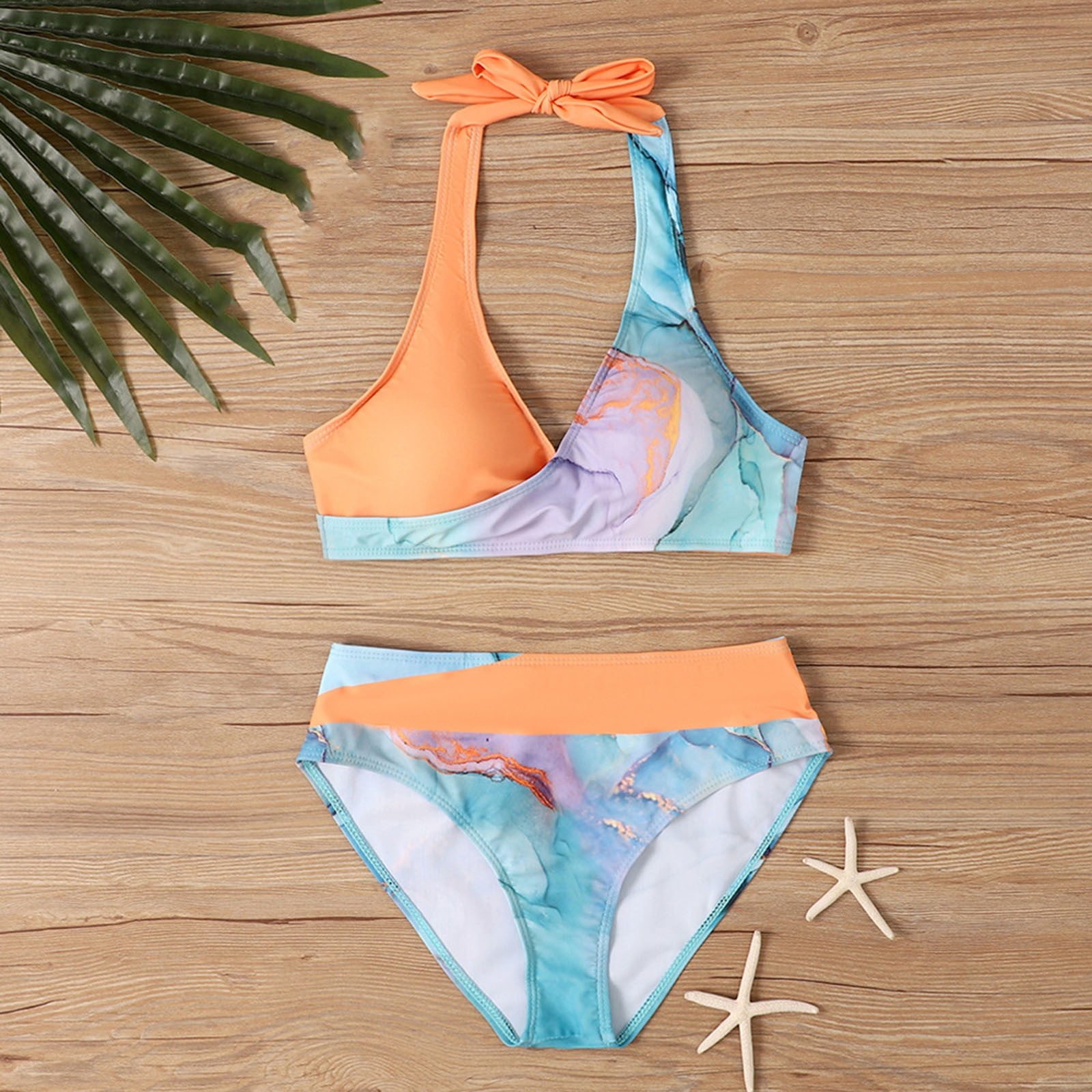 Aobny 2025 Women's Swimsuit Sets Plus Size 2 Piece Orange Swimwear Sets ...