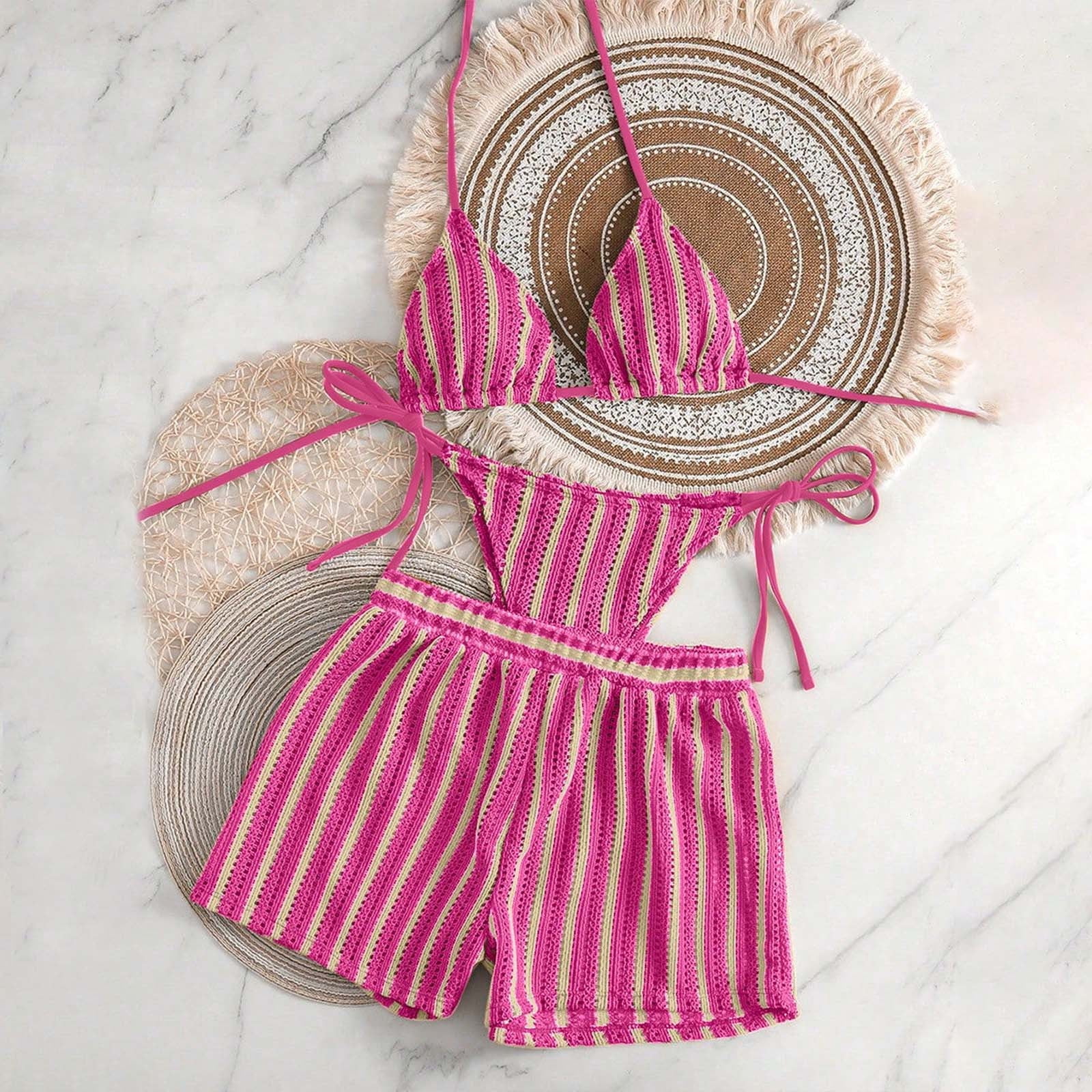 Aobny 3 Piece Bathingsuits Striped Bikinis Women Bathing Suit Set Hot ...