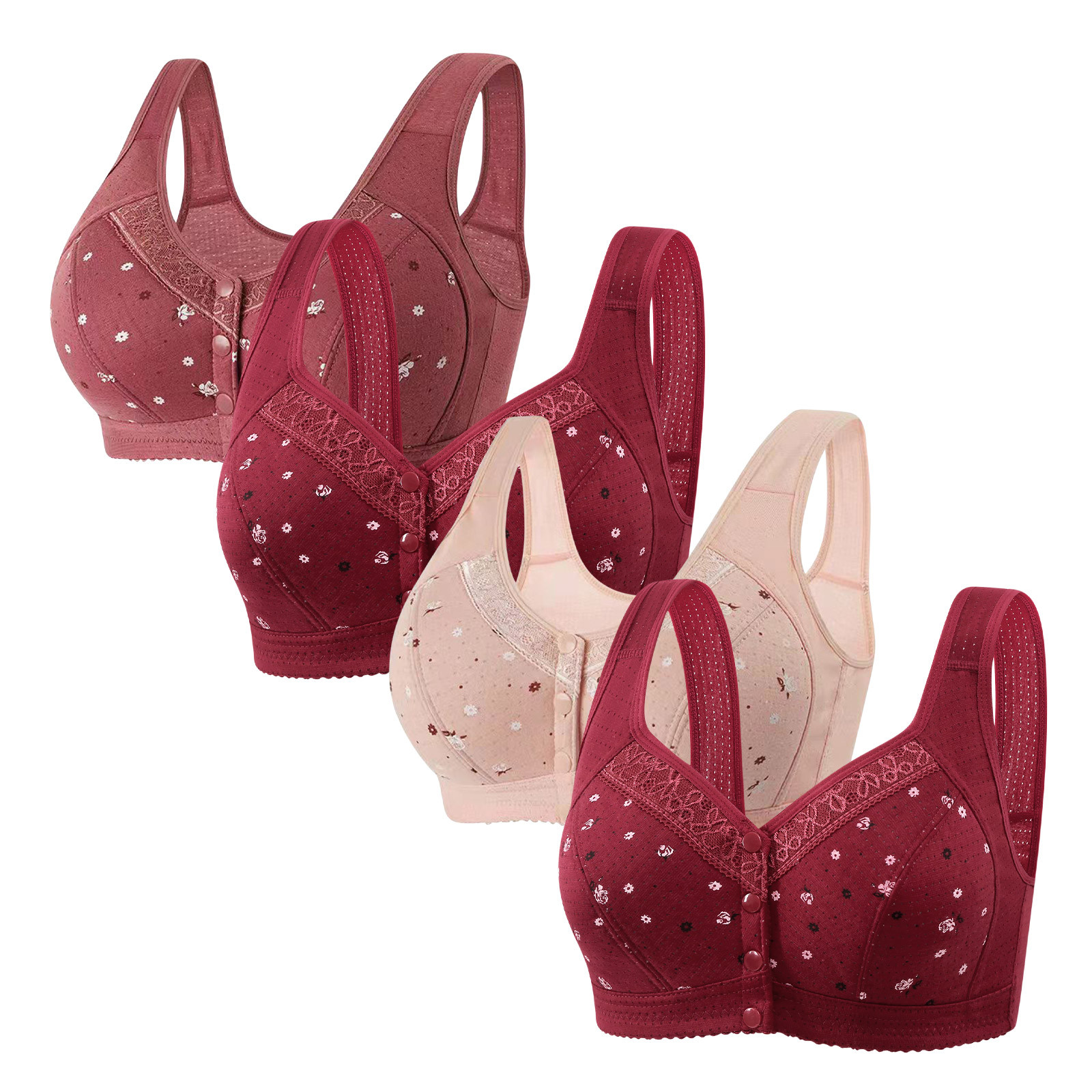 Aobny 4 Pack Pretty Womens Bras Red Nylon Minimizer Front Closure ...