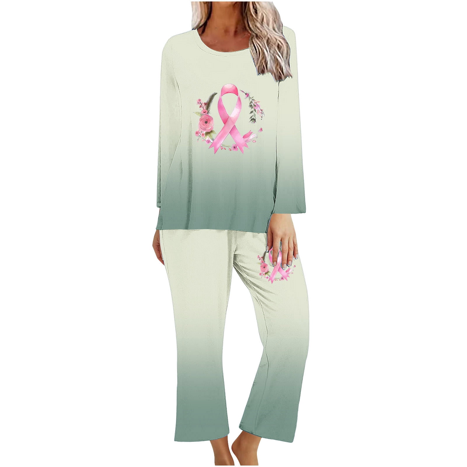 Aobny Airport Travel Outfit Women Green Cozy Breast Cancer Sleepwear ...