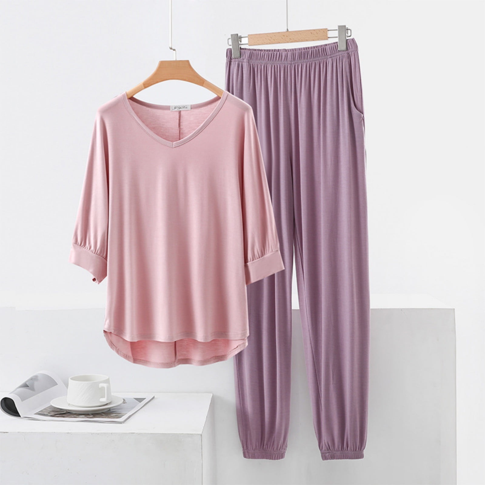 Aobny Airport Travel Outfit Women Modal with Pocket Pink Pajamas Ankle ...