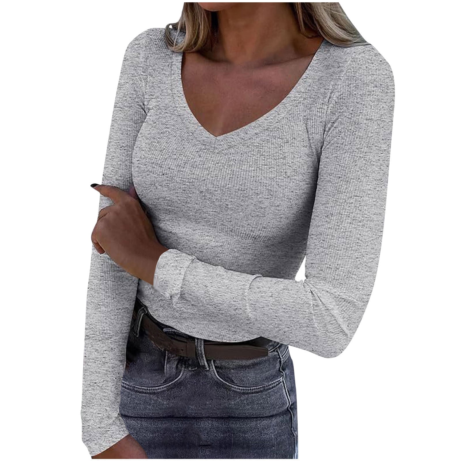 Aobny Basic Women's Leisure T-Shirt Work Gray Tees Long Sleeve Ribbed V ...