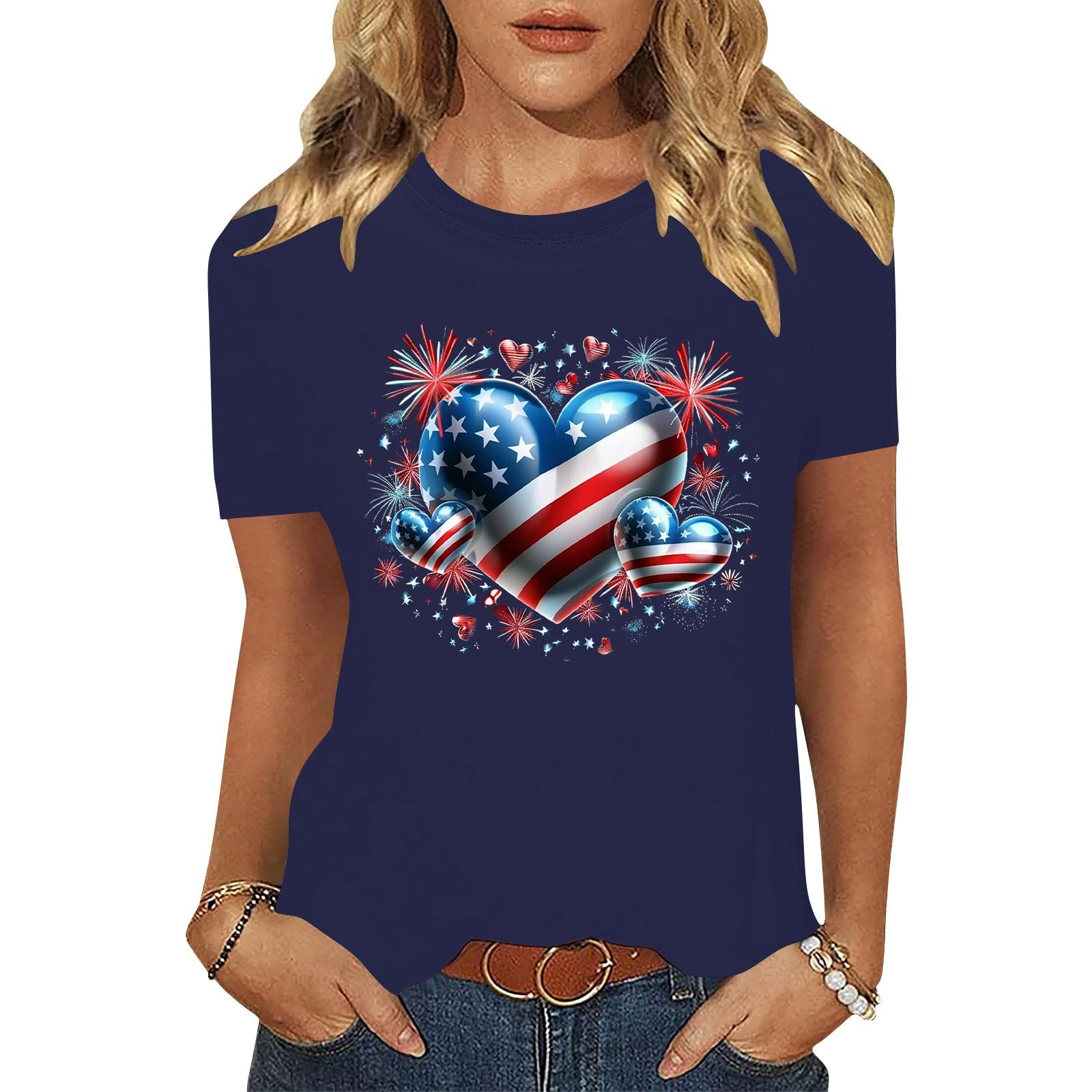 Aobny Beachy Tops Blue Independence Day Cotton T-Shirt Short Sleeve ...