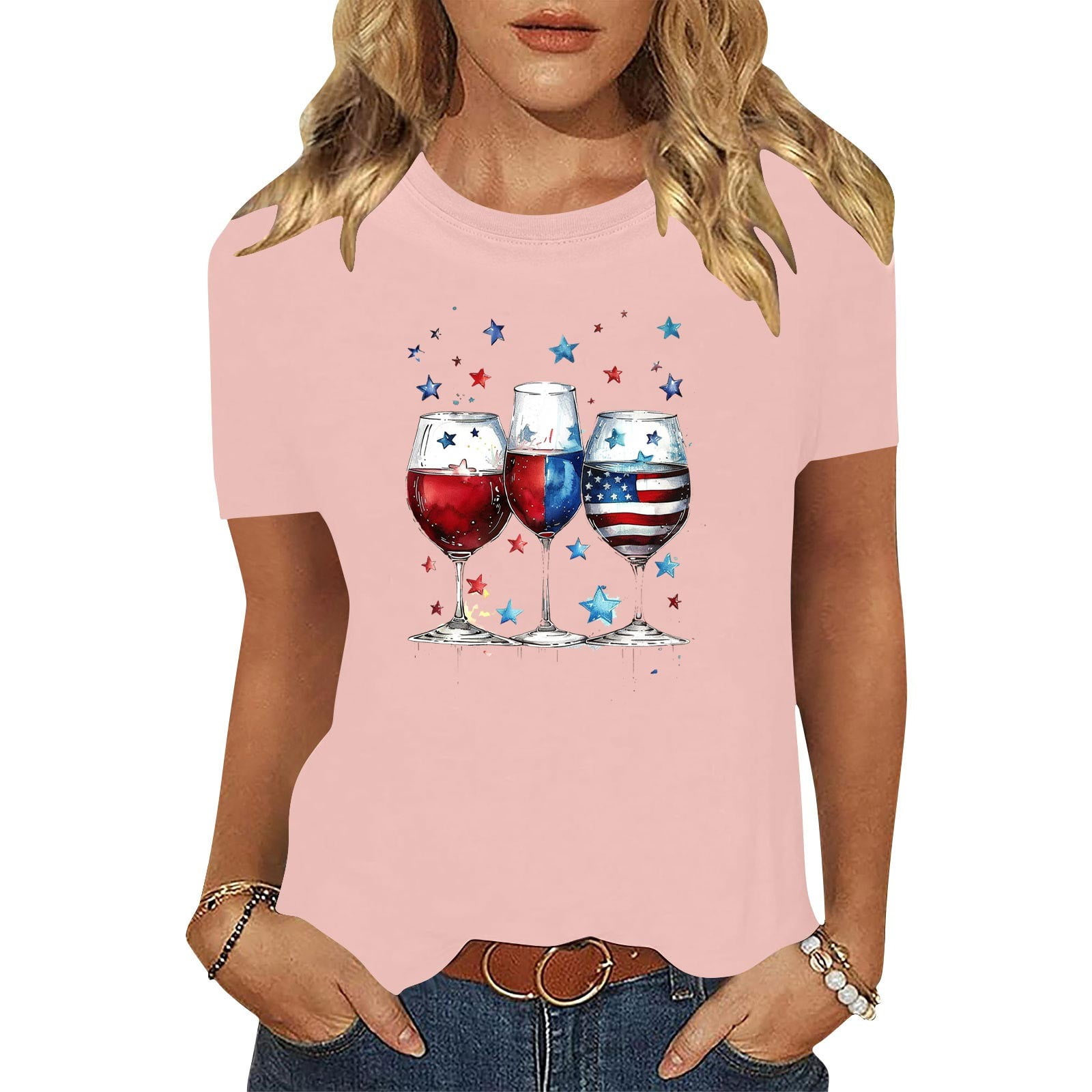 Aobny Beachy Tops Women Independence Day Pink T-Shirt Cotton Short ...