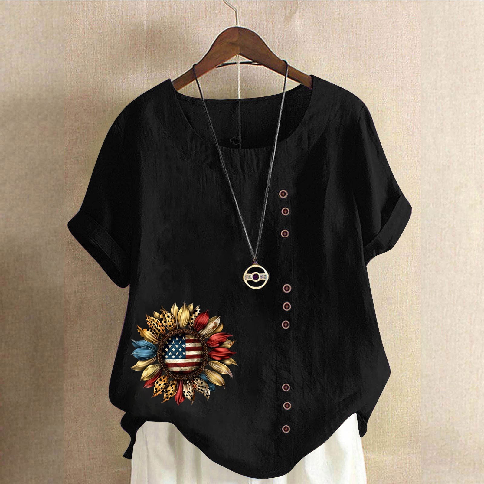 Aobny Black Summer Going Out Tops for Women Independence Day Linen T ...