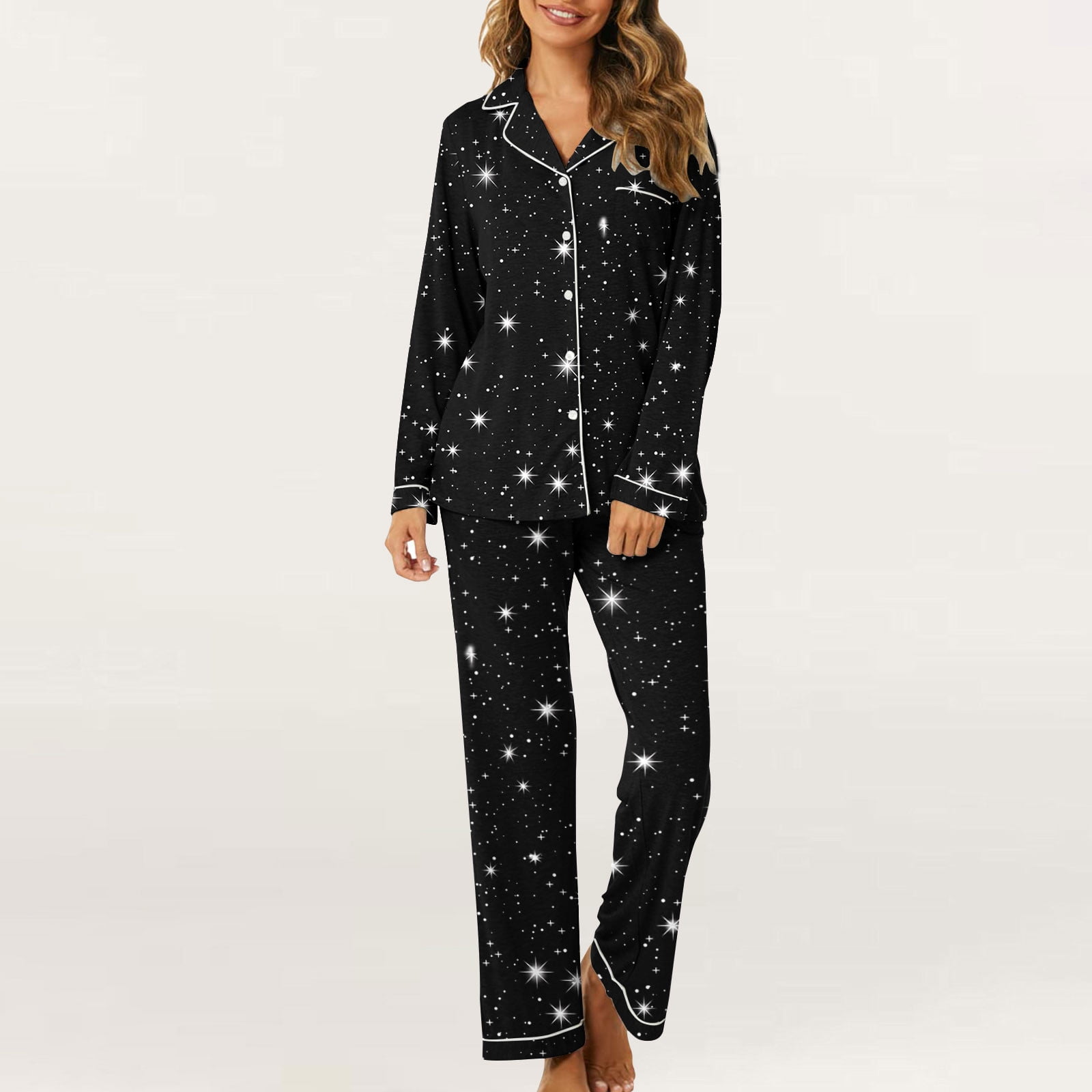 Aobny Black Winter Womens Pajamas Button Up Long Sleeve Collared Ankle ...