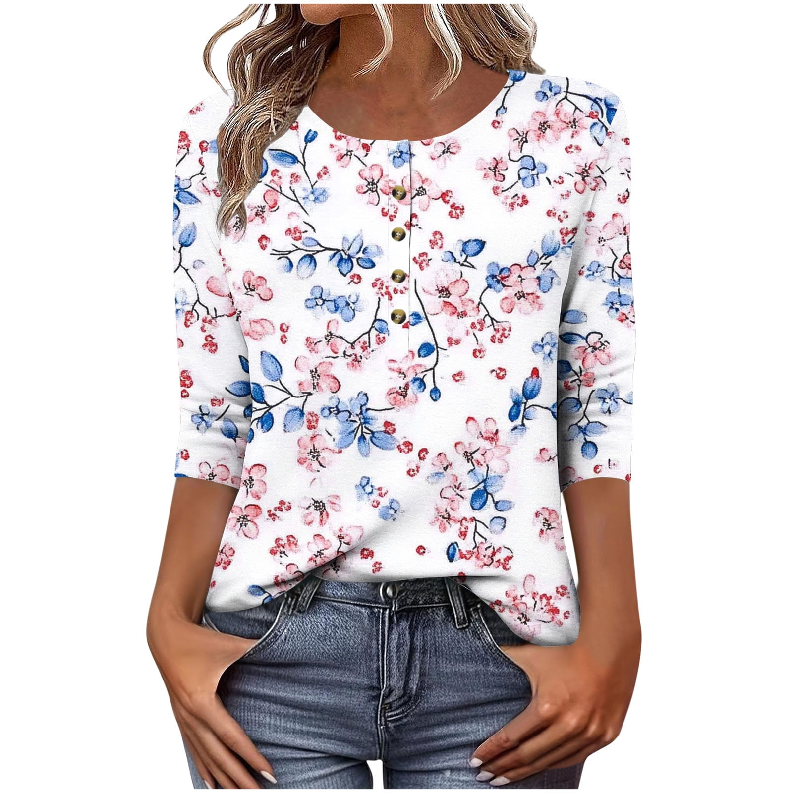 Aobny Blouse for Women Peasant White Button Blouses & Tops Crew Neck ...
