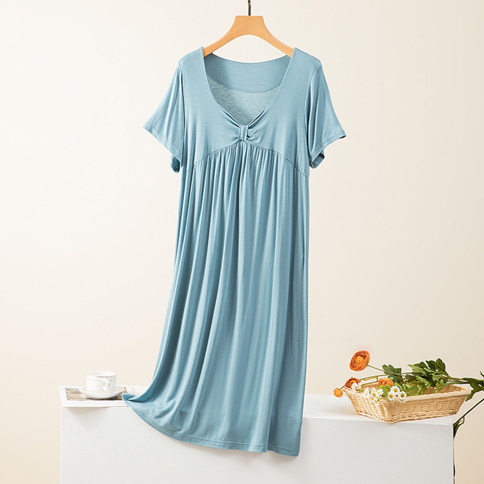 Aobny Blue Cute Women's Nightgowns Solid Cotton Nightgowns V-Neck Long ...
