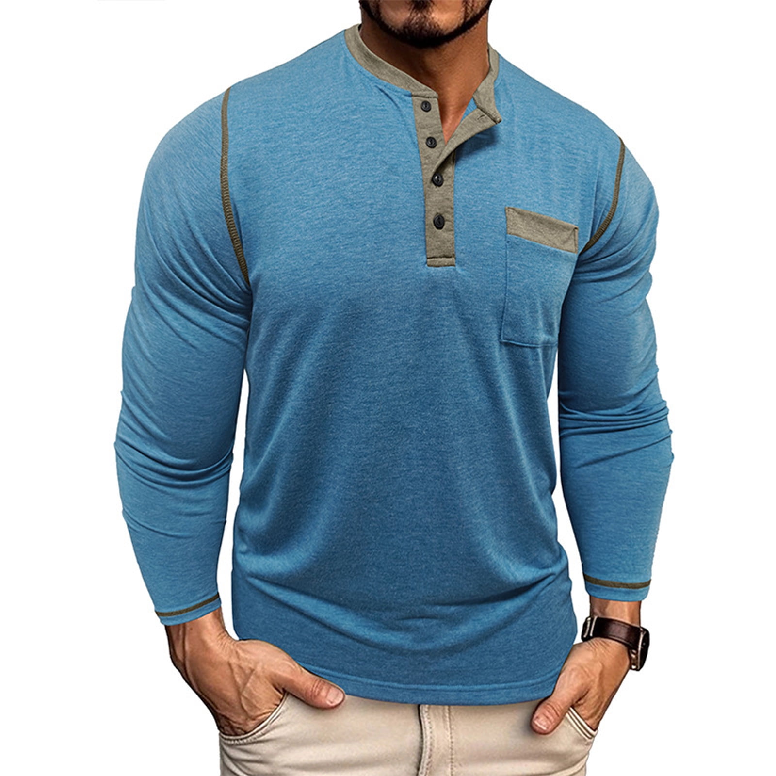 Aobny Blue Mens Work Shirts Henley Cotton Pocket Long Sleeve Shirt ...