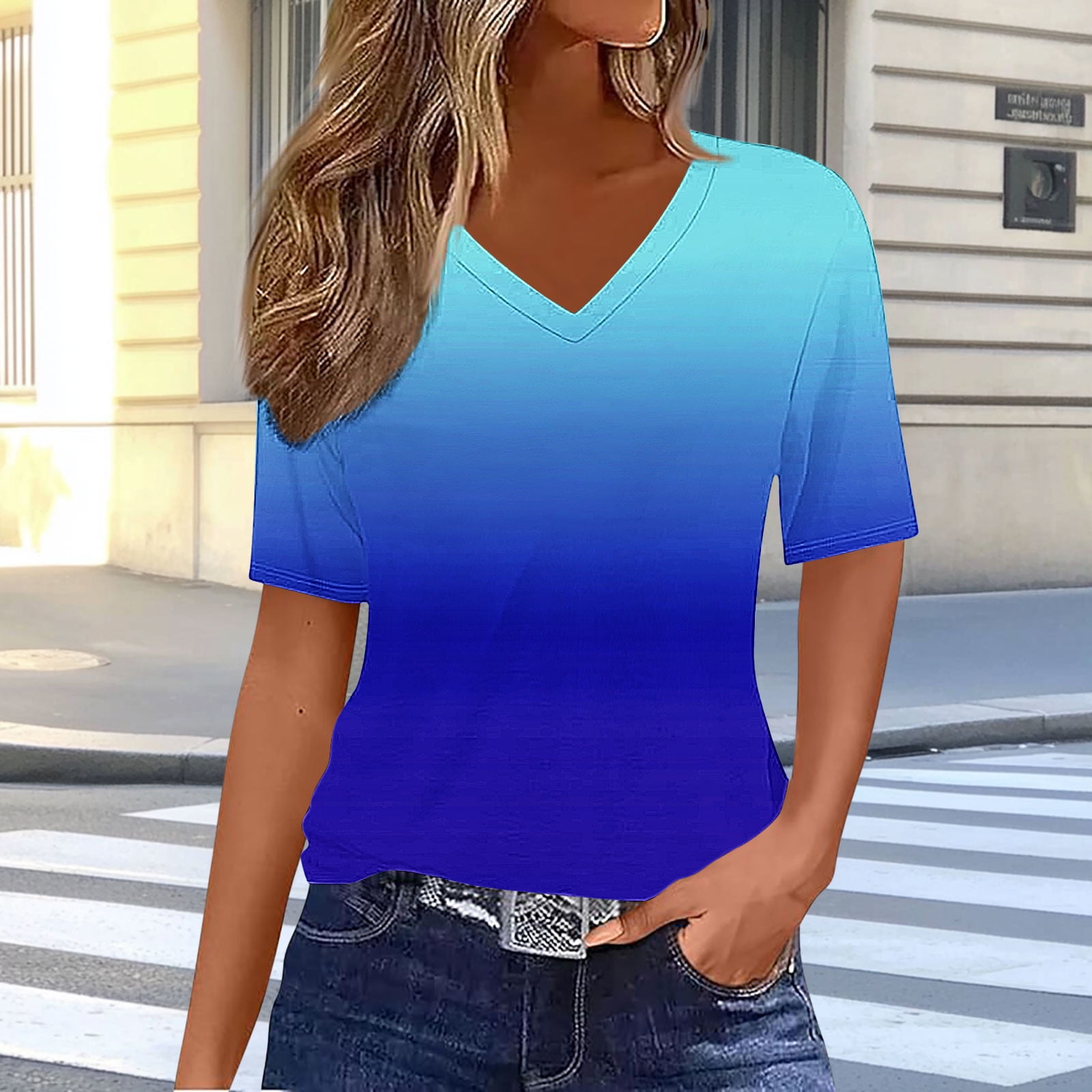 Aobny Blue Tops Women Gradient Cooling T-Shirt Elbow-Length V-Neck ...