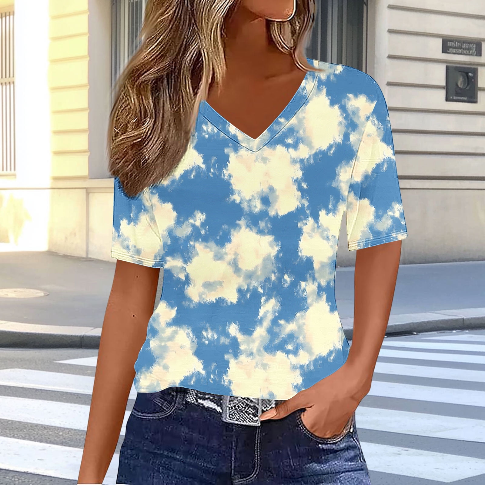 Aobny Blue Vacation Tops Cooling Women Graphic T-Shirt V-Neck Elbow ...