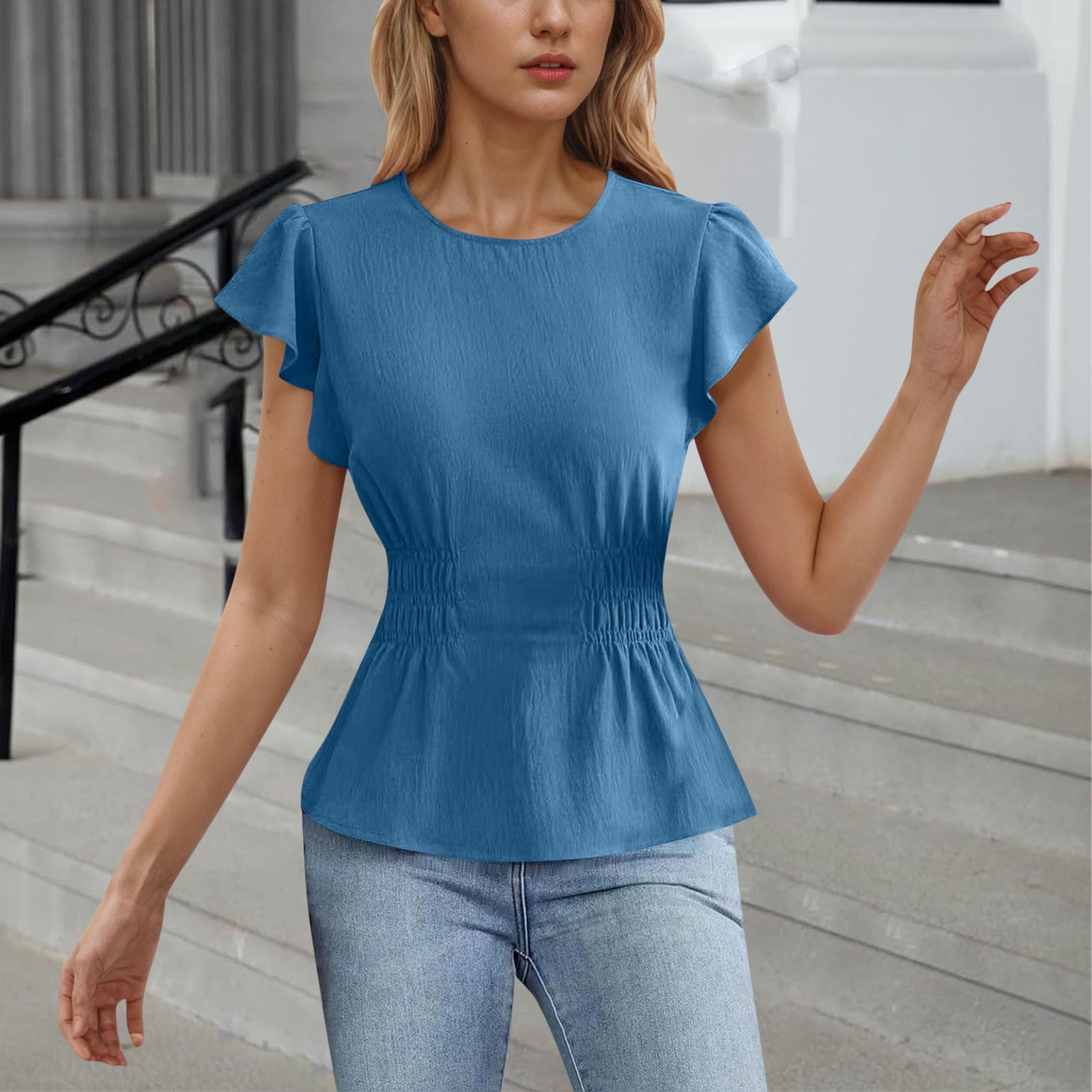 Aobny Blue Women Casual Tops Slimming Peplum Short Sleeve Cap Sleeve ...