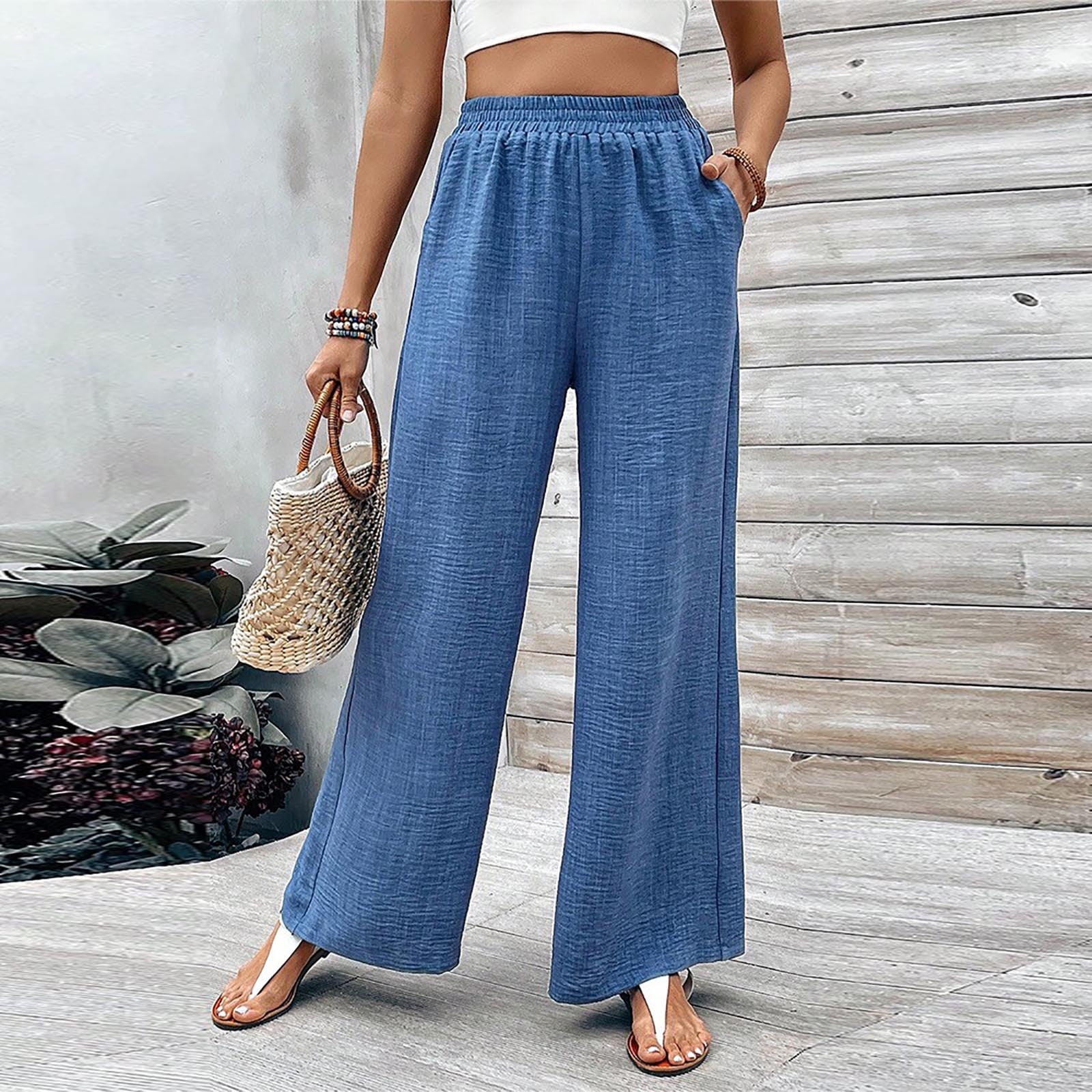 Aobny Blue Work Pants Women with Pockets Loose Flowy Pants Ankle ...