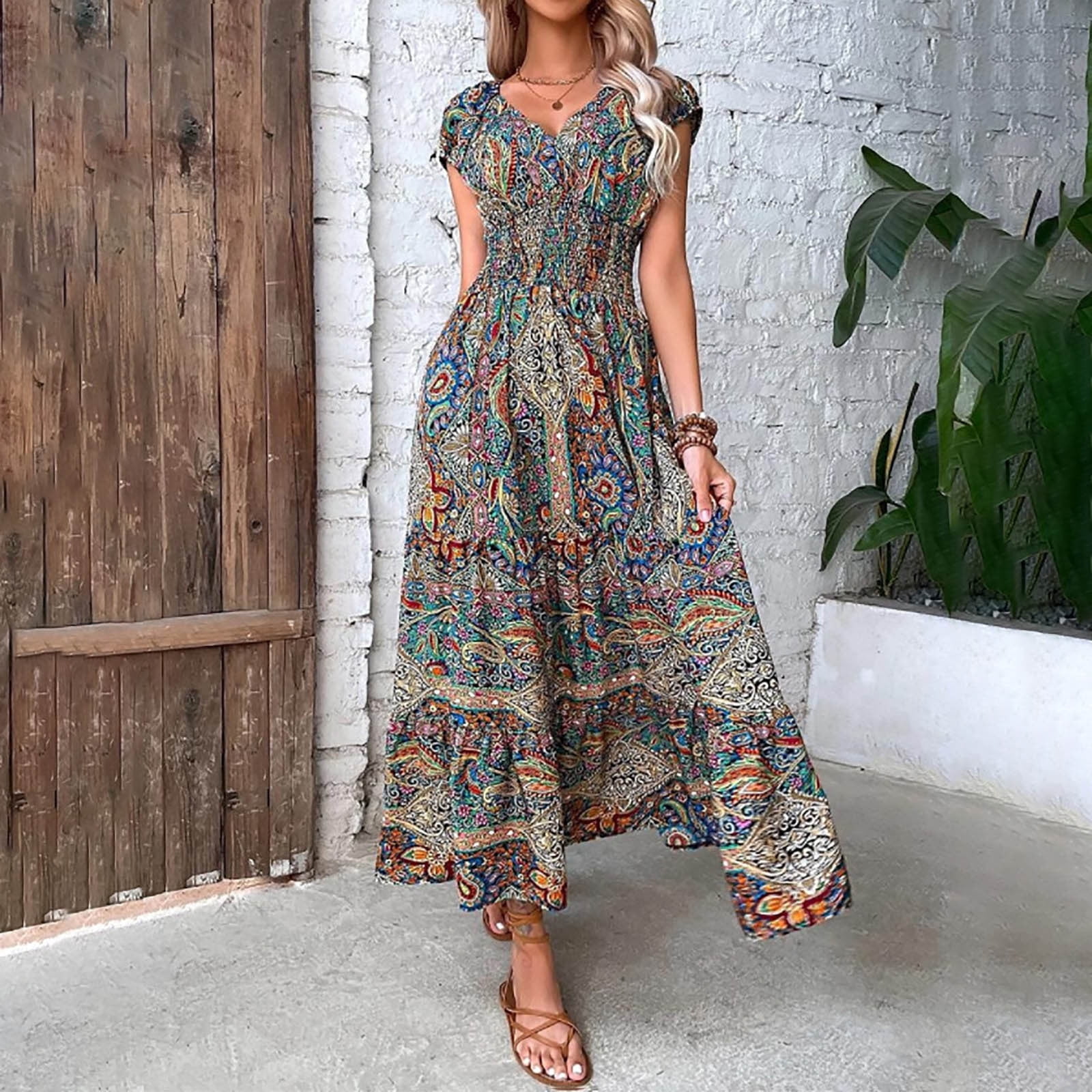 Aobny Boho Vintage Dresses Flowy Blue A-Line V-Neck Short Sleeve Floral ...