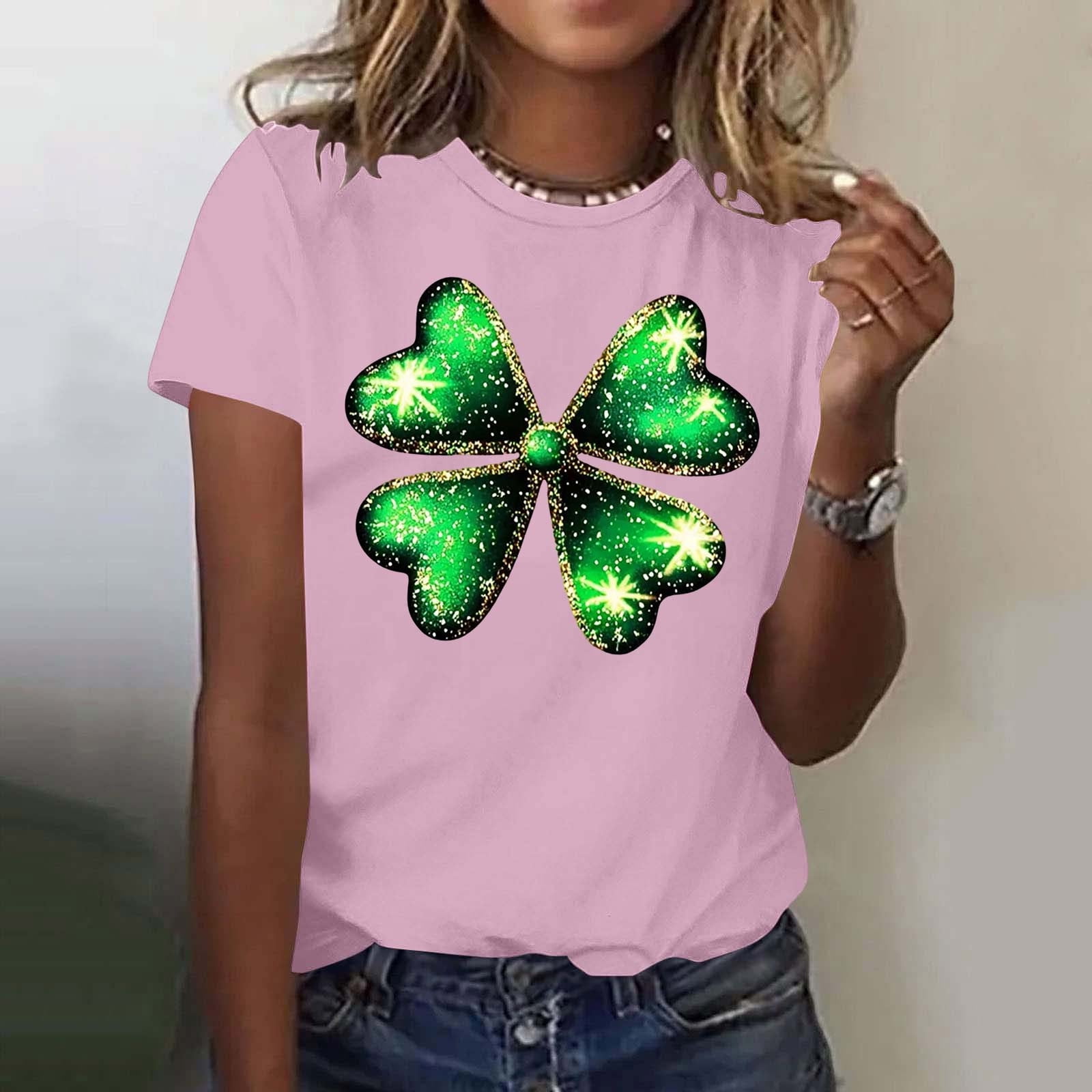 Aobny Bow Blouses for Women Clovers Plus Size Shirt Short Sleeve Pink ...