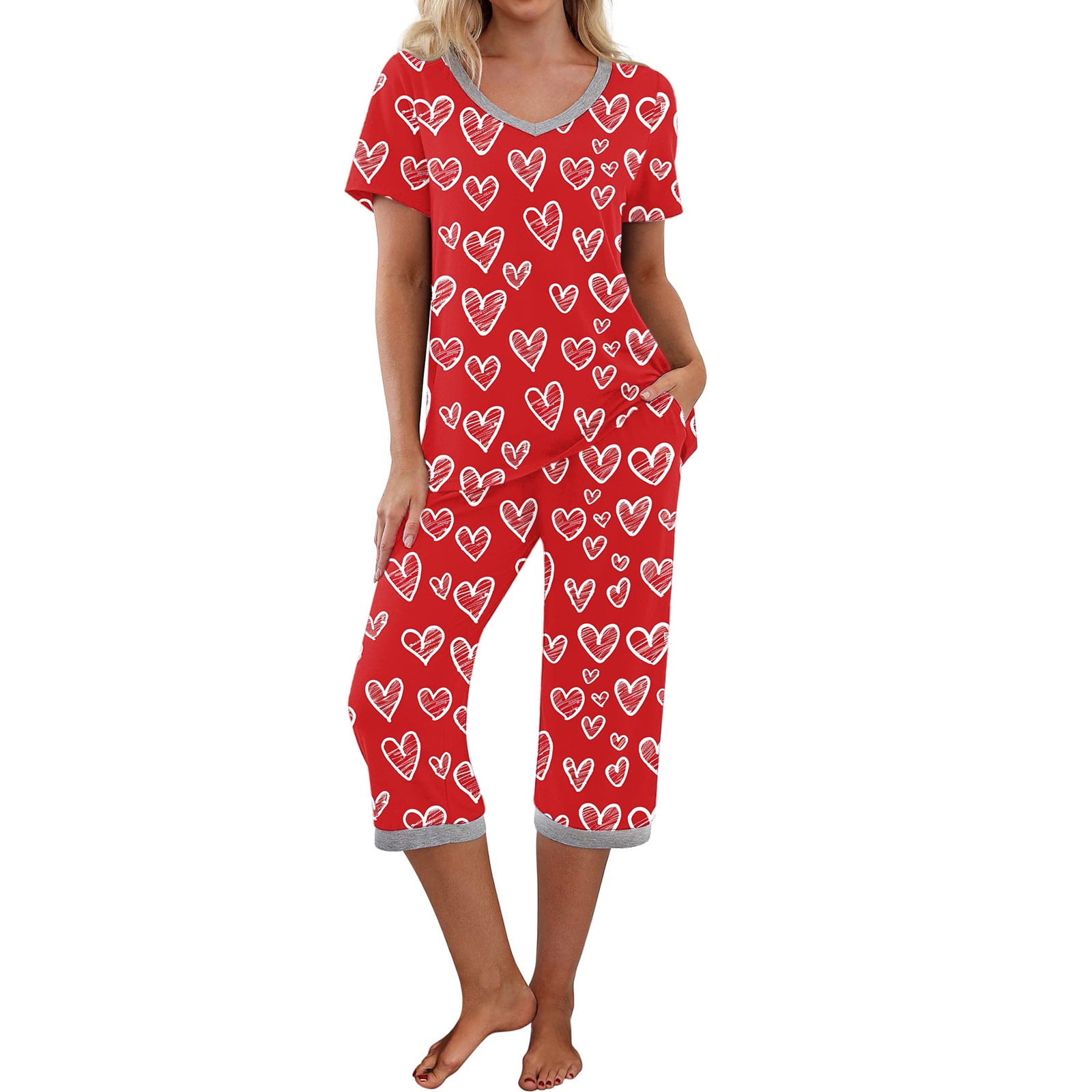 Aobny Breathable Womens Pajamas Valentine's Red Short Sleeve Crew Neck ...
