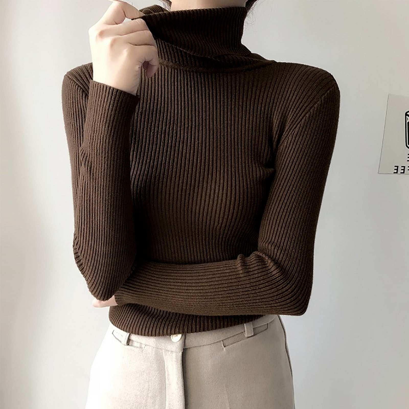 Aobny Brown Casual Womans Tops Sweater Basic Turtleneck Long Sleeve Solid Pullover Blouses for ...