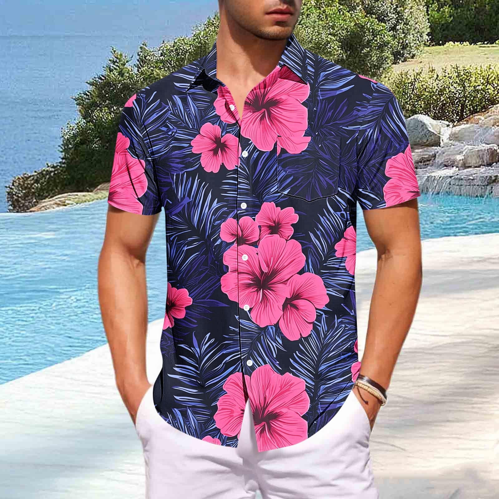 Aobny Button Up Tshirt for Men Tropical Hawaiian Tees Polos Short ...