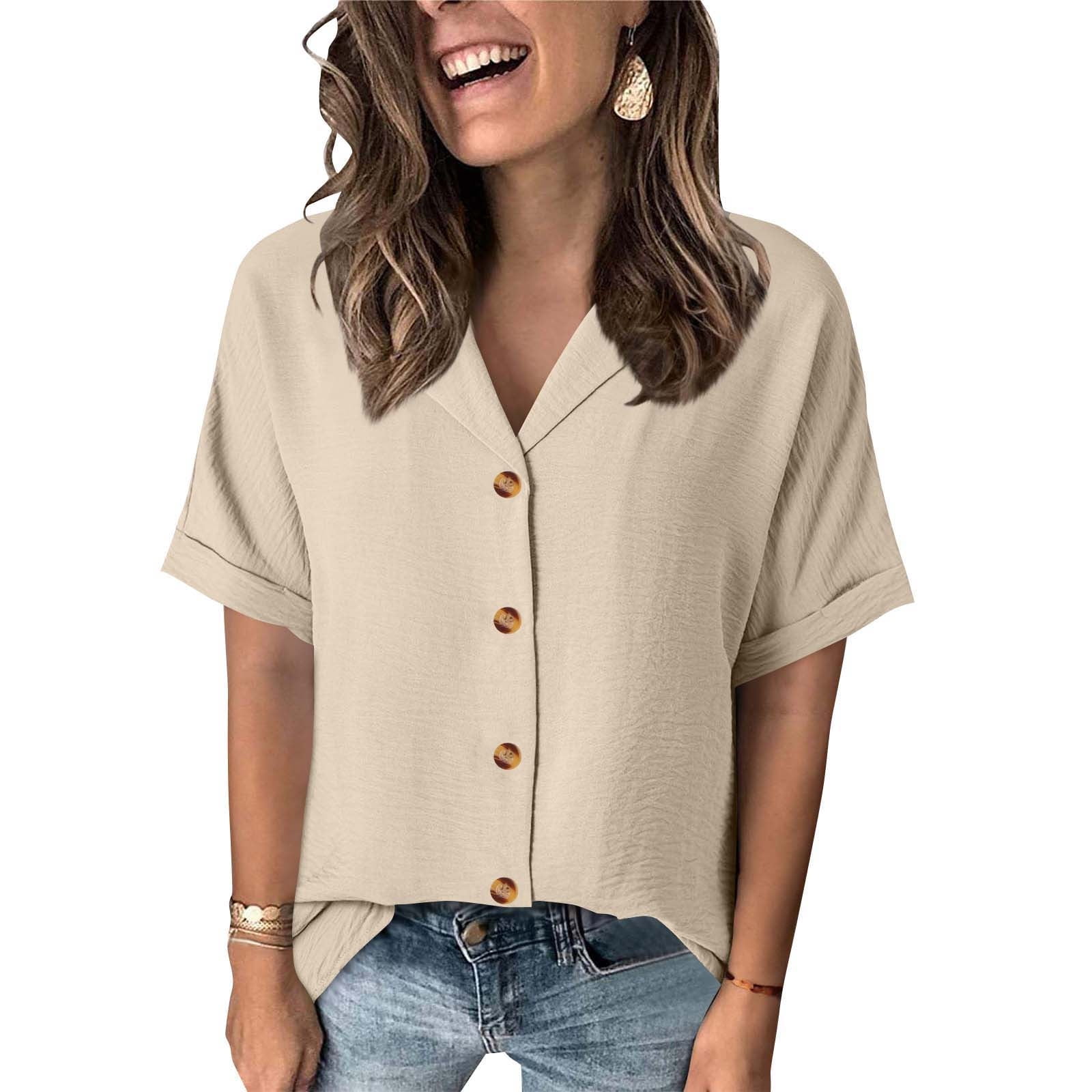 Aobny Button Up Workout Tops Women Short Sleeve Khaki Collared Blouses ...