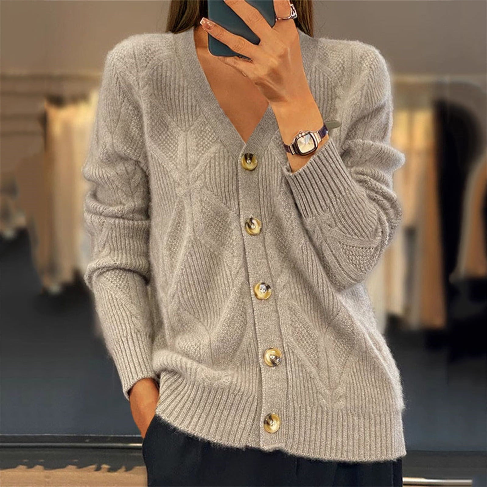 Aobny Button Winter Womans Sweaters Yellow Long Sleeve Solid V-Neck ...
