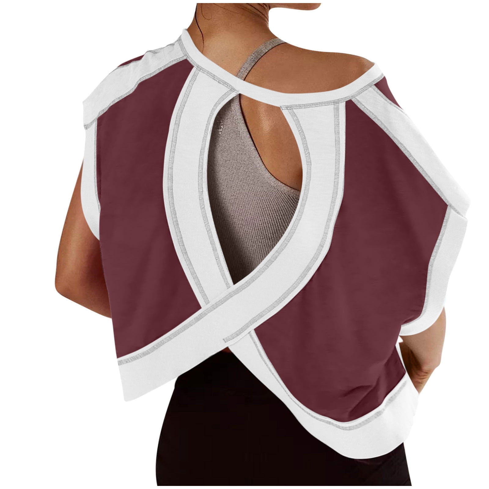 Aobny Cap Sleeve Blouse Tops for Women Red Crew Neck Open Back Short ...