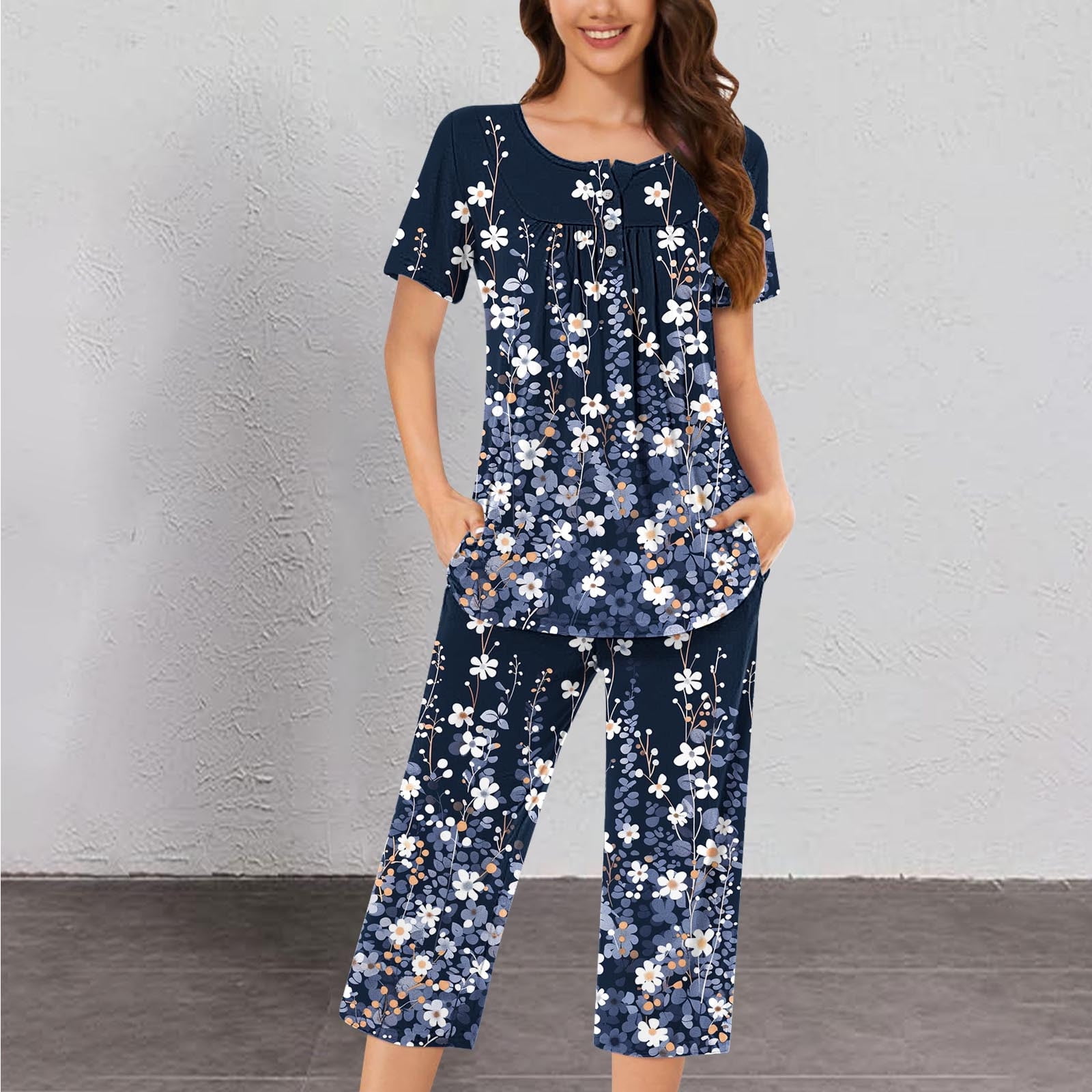 Aobny Capri Comfy Pajamas for Women's Sleep Blue Sleepwear Sets Cropped ...