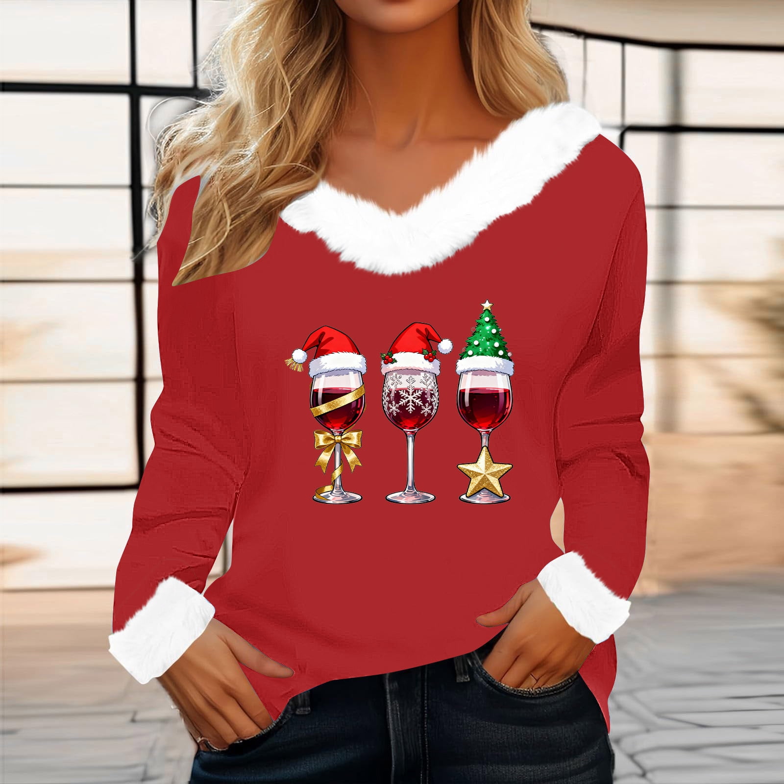 Aobny Christmas Blouse for Women Fuzzy Clothes Pullover V-Neck Long ...