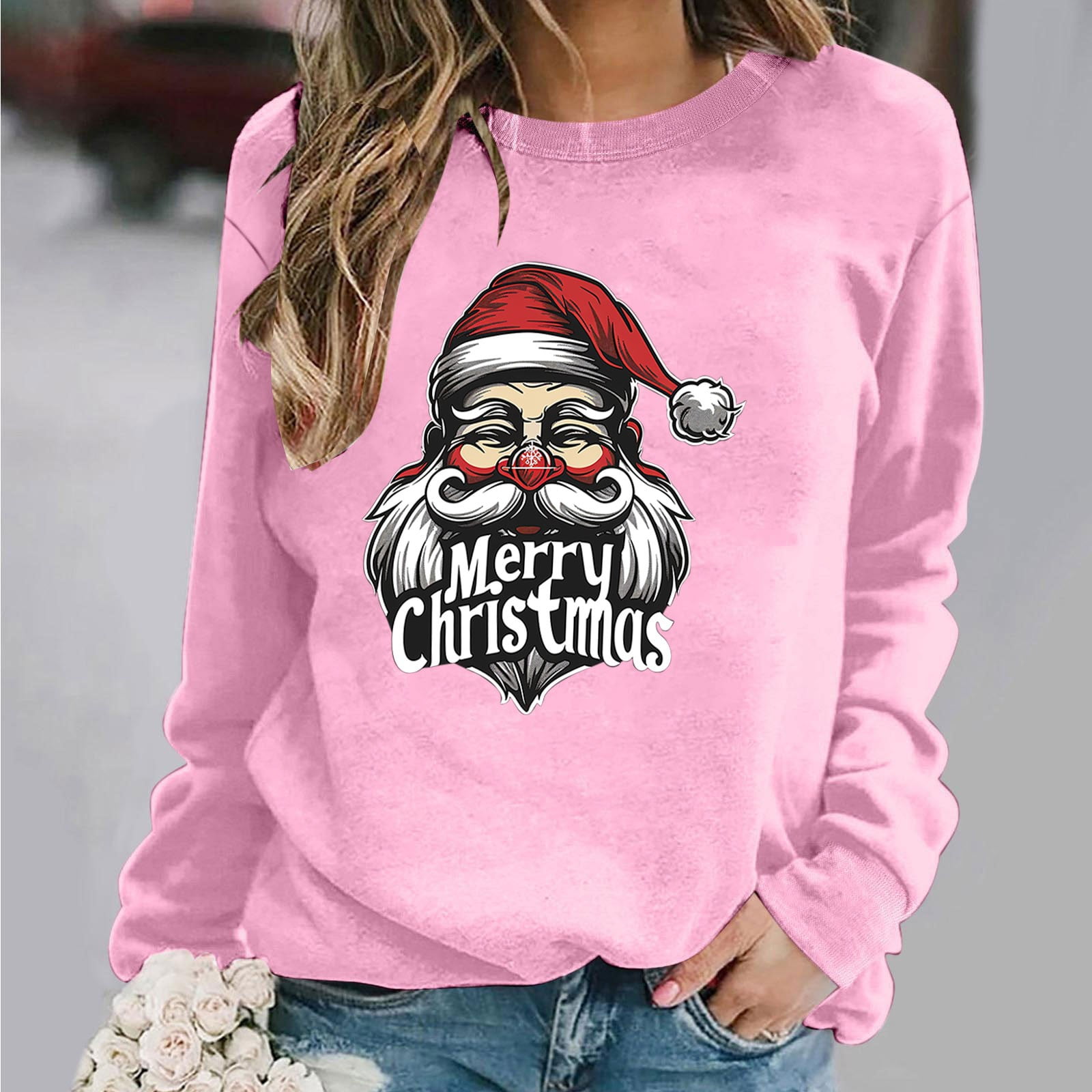 Aobny Christmas Fancy Outerwear Sweatshirts For Woman Pink Crew Neck