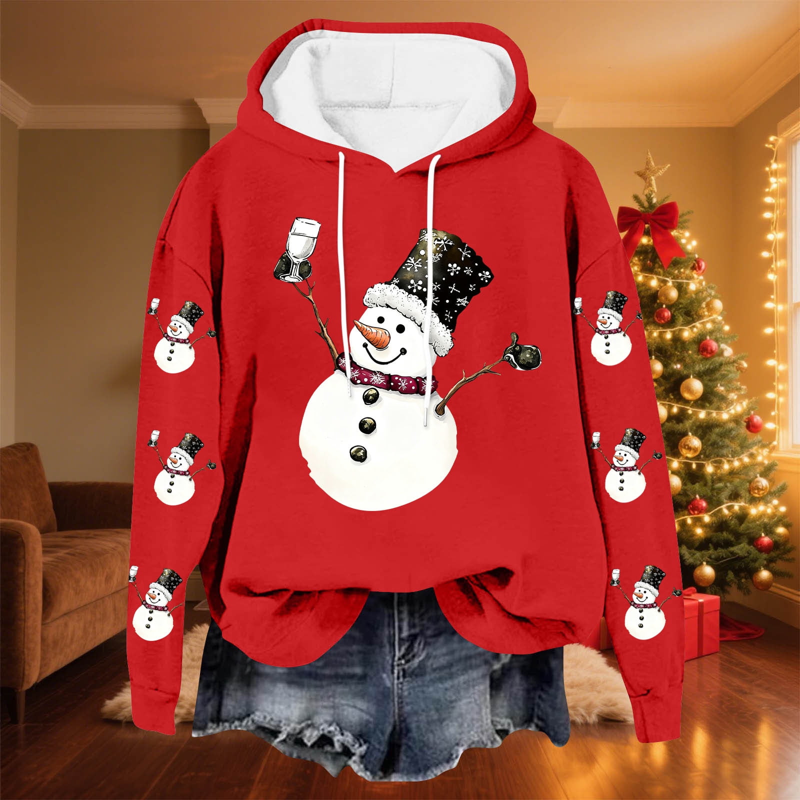 Aobny Christmas Women Shirts Plus Plaid Hoodie Pullover Hooded Long ...