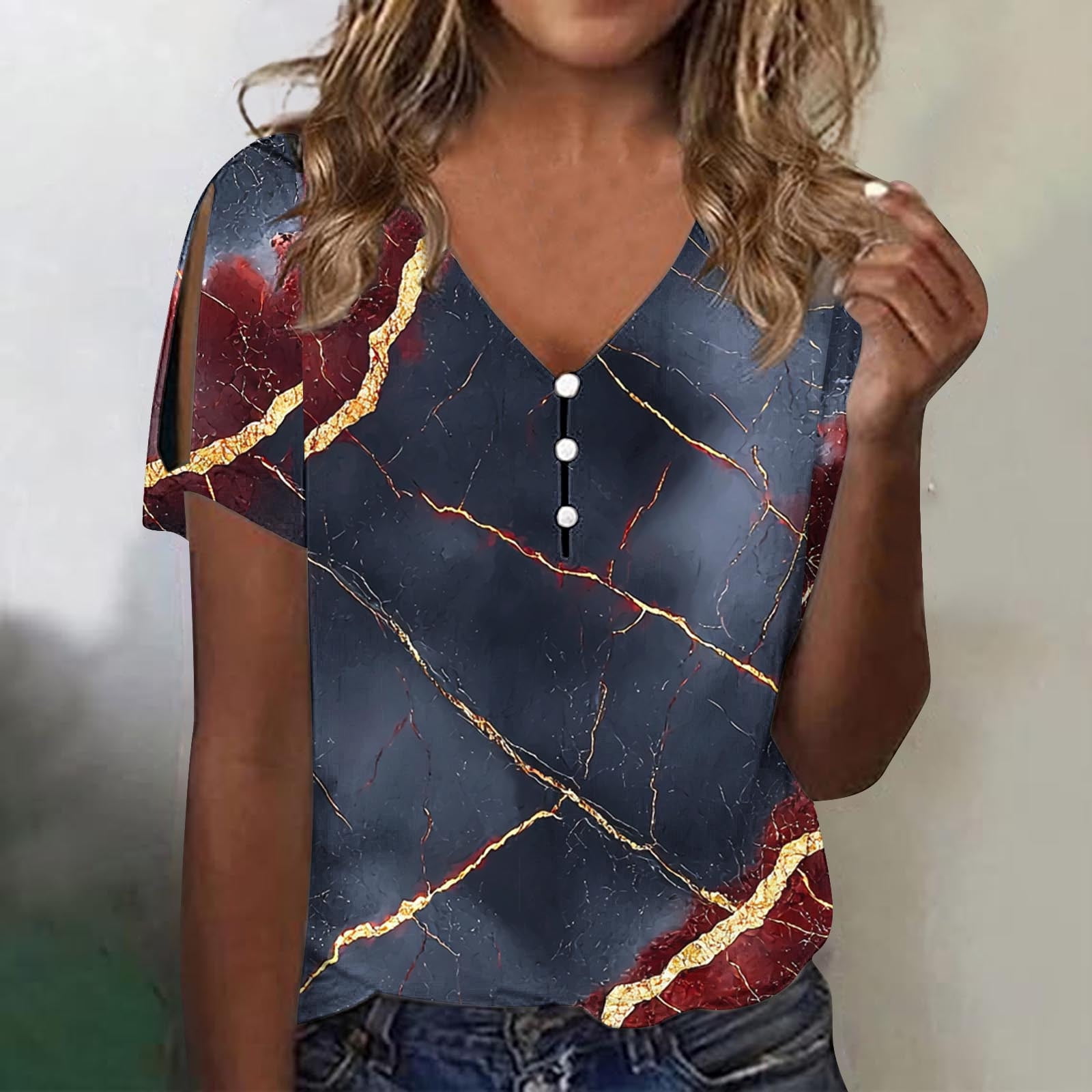 Aobny Classy Tops for Women Cold Shoulder Graphic Blue T-Shirt V-Neck ...