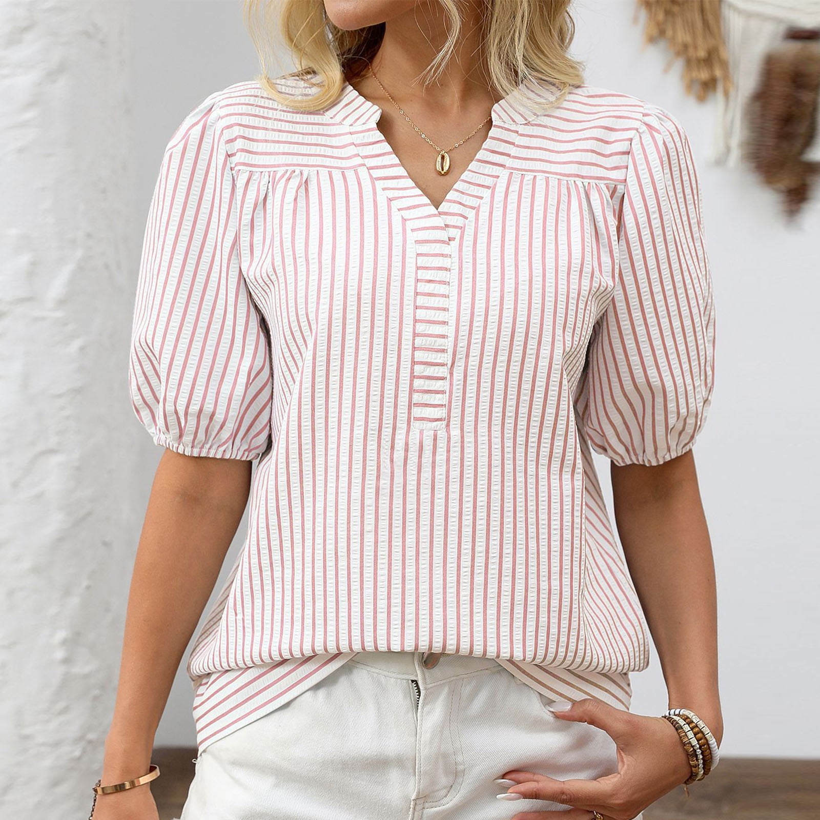 Aobny Classy Tops for Women Puff Sleeve Pink T-Shirt V-Neck Short ...