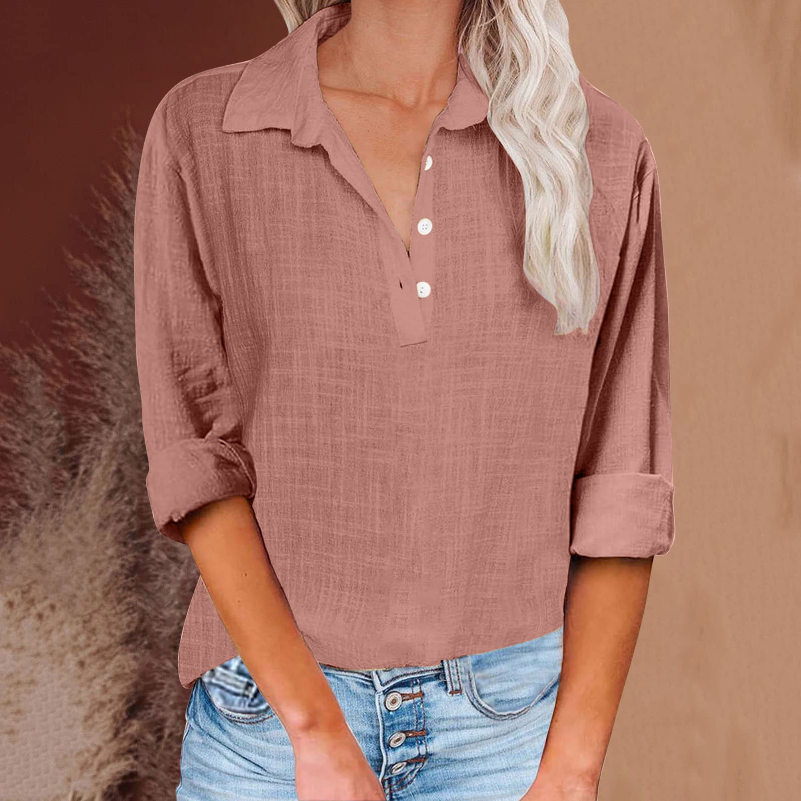 Aobny Collared Summer Tops Long Sleeve Women Button Up Red Tops Blouse ...