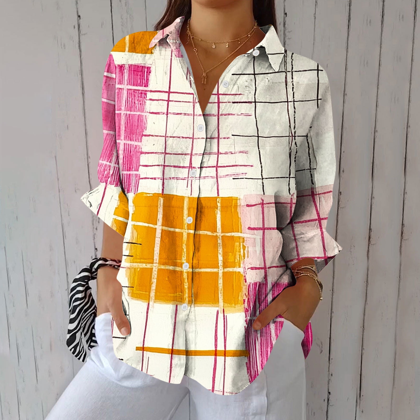 Aobny Color Block Women's T-Shirts Pink Plaid Blouse V-Neck Long Sleeve ...