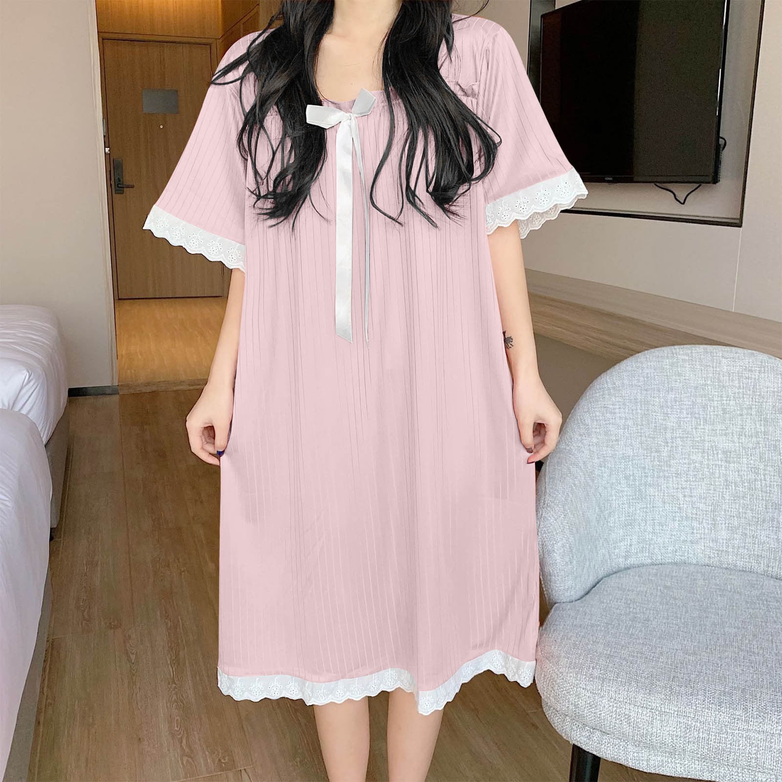 Aobny Comfort Women's Nightgowns Pink Ribbed Moomoo Nightgowns V-Neck ...