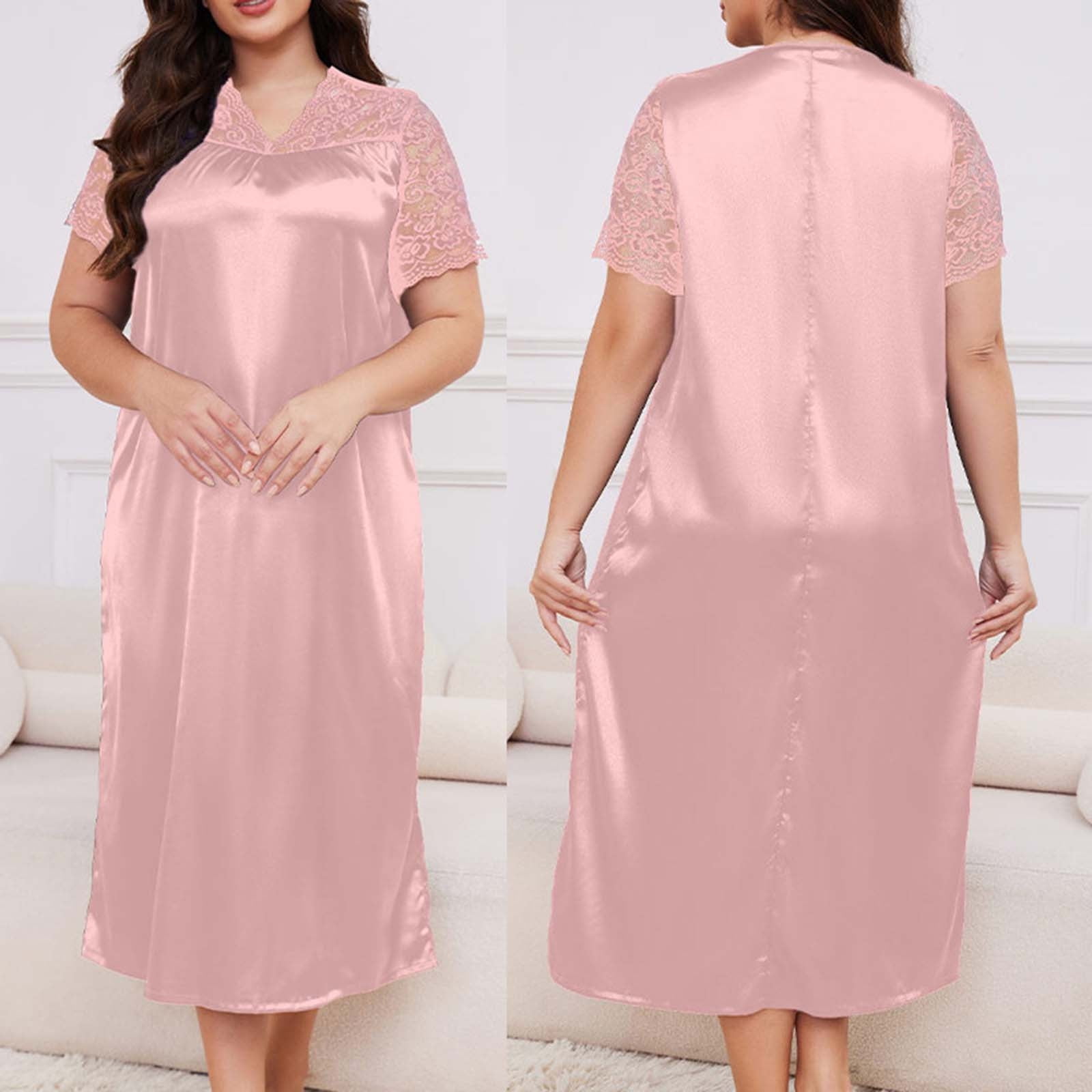 Aobny Cooling Pajamas for Women Pink Lace Plus Size House Dresses V-Neck Long Short Sleeve Sexy ...