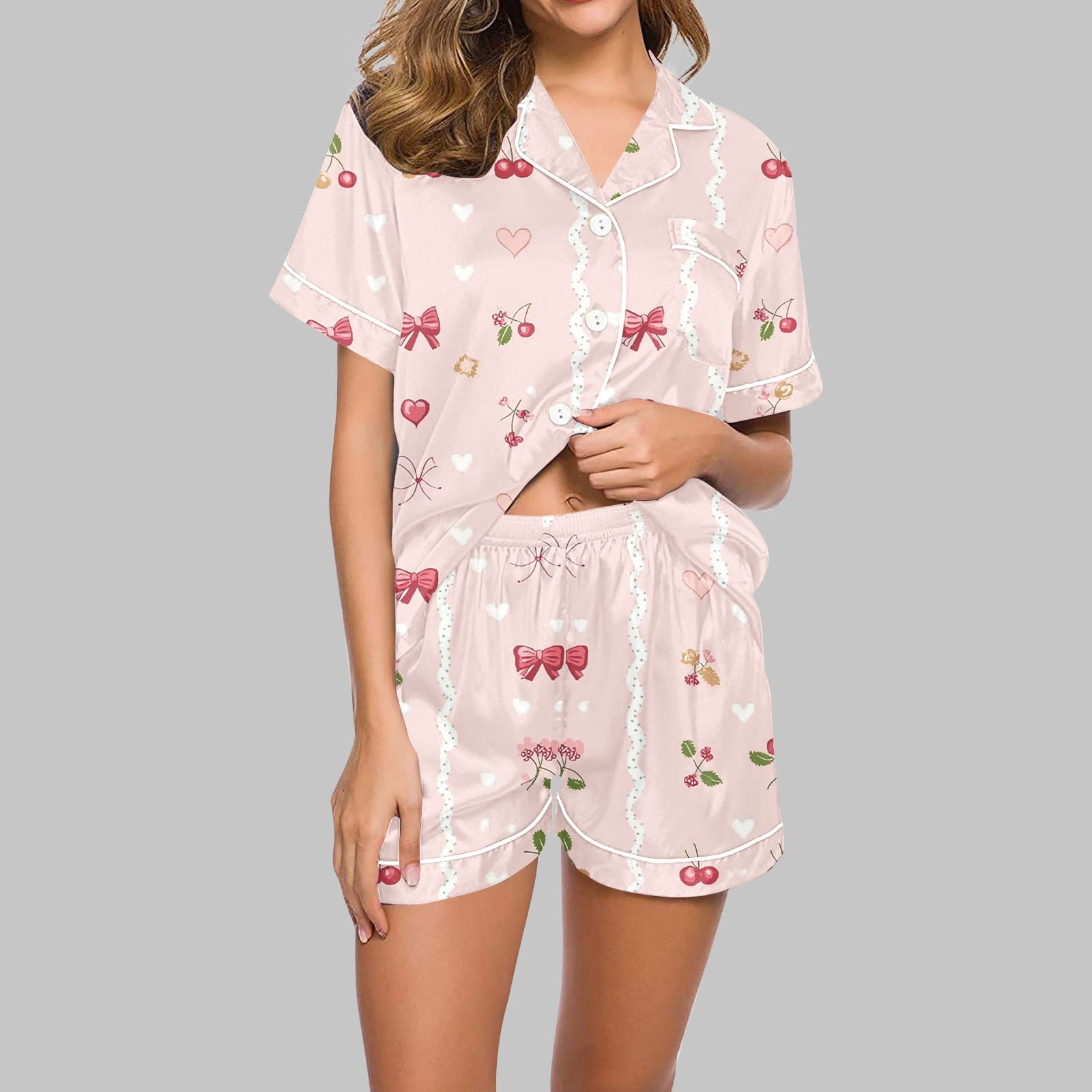 Aobny Cooling Vacation Outfits for Women Pink Bow Sleepwear Collared ...
