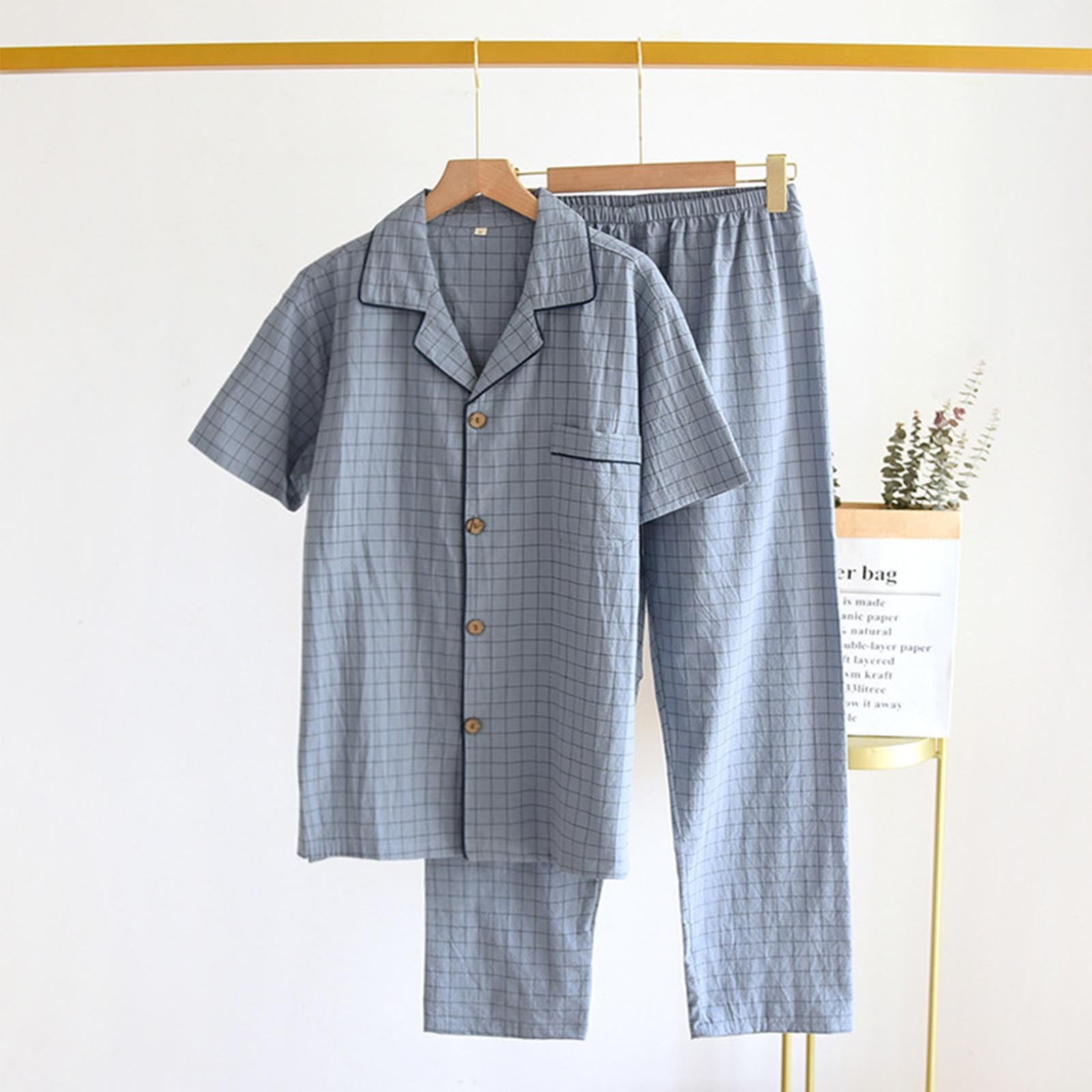 Aobny Cotton House Men's Pajamas Blue Button Up Sleepwear Sets Short ...