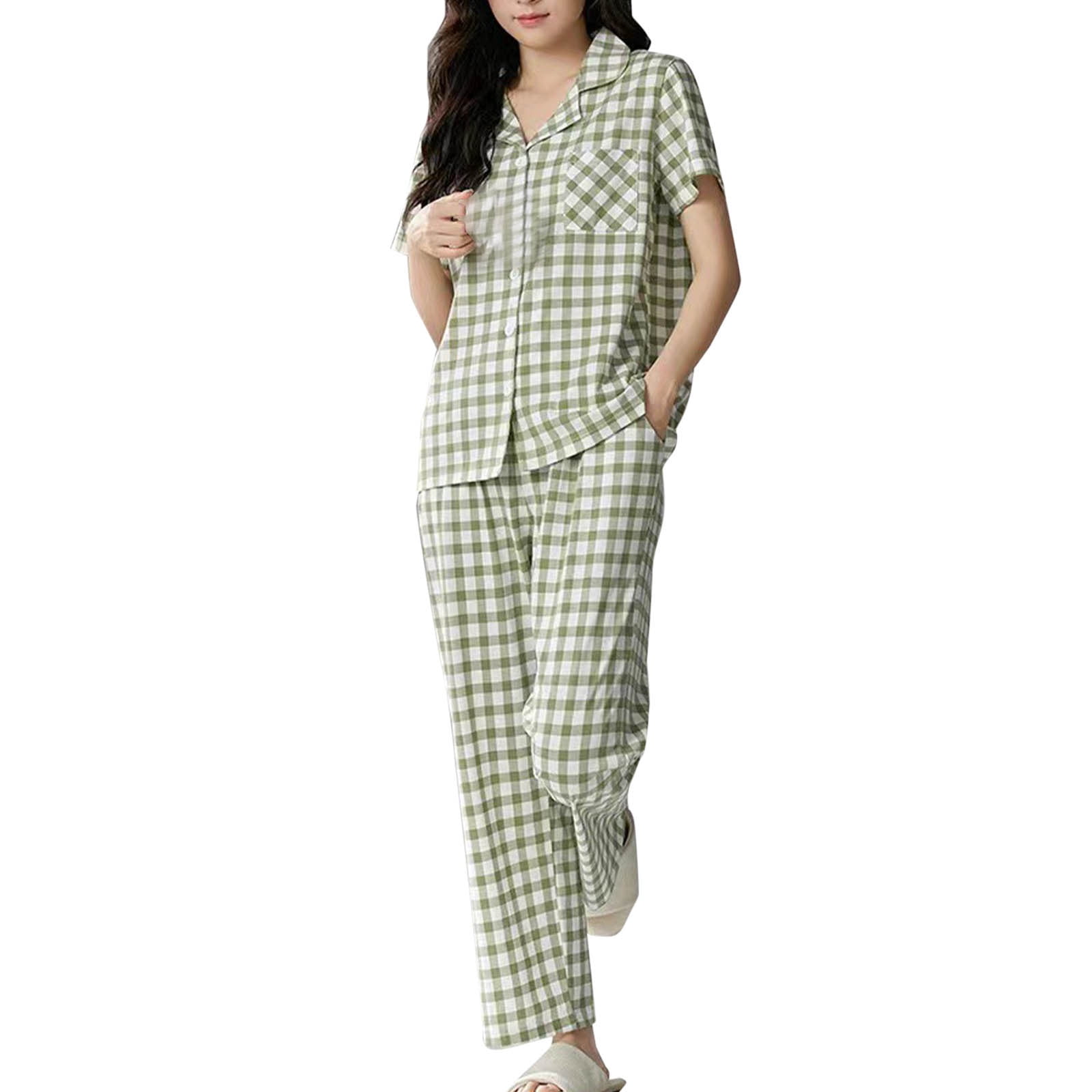 Aobny Cotton House Womens Pajamas Button Up Green Collared Straight-Leg ...