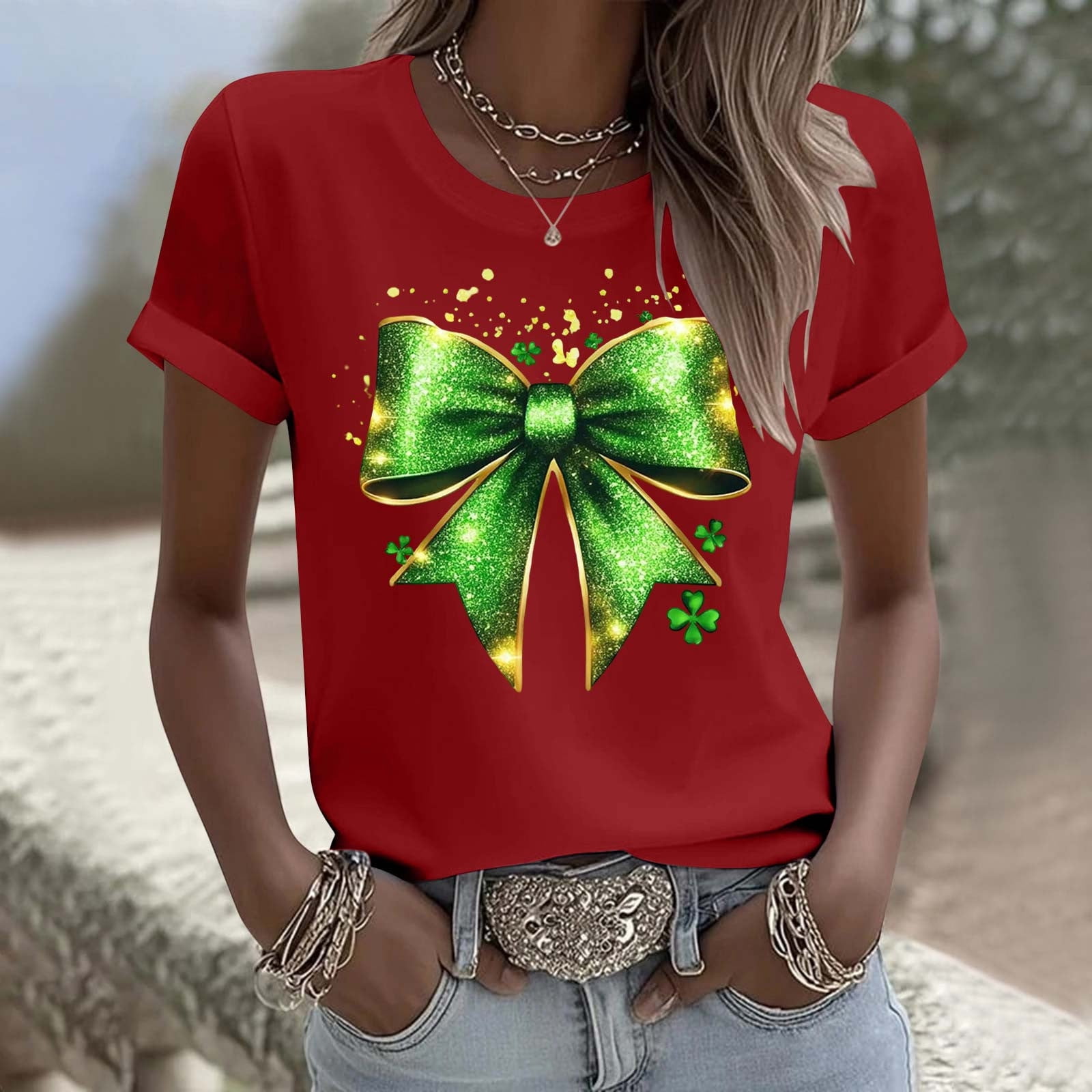 Aobny Cotton T Shirt Bow Womens Blouse Crew Neck Pullover Short Sleeve ...