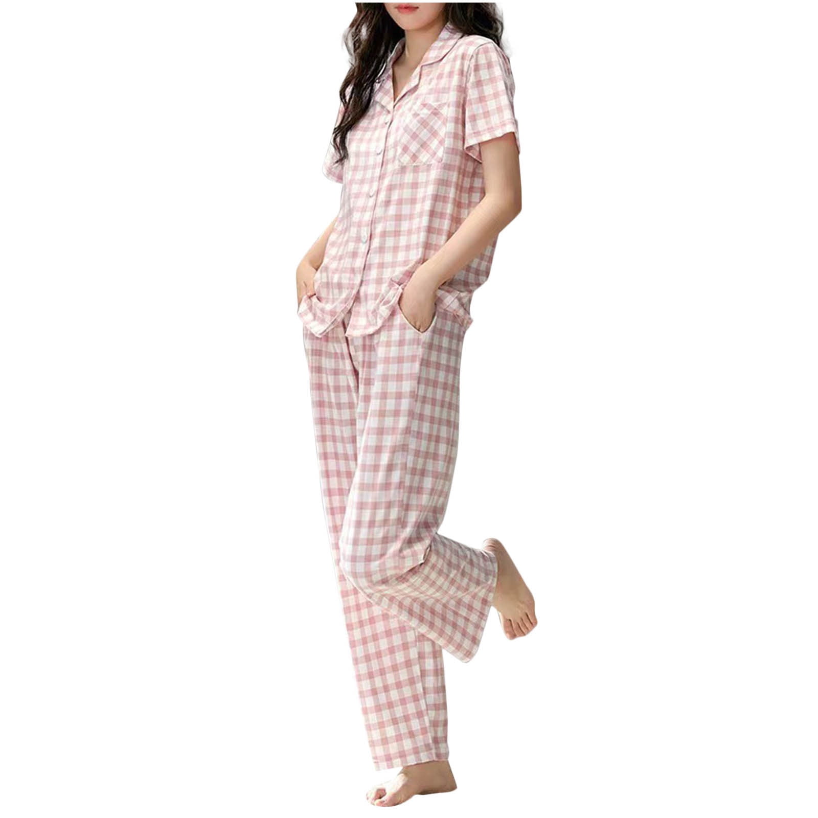 Aobny Cotton Winter Womens Pajamas Button Up Pink Short Sleeve Plaid ...