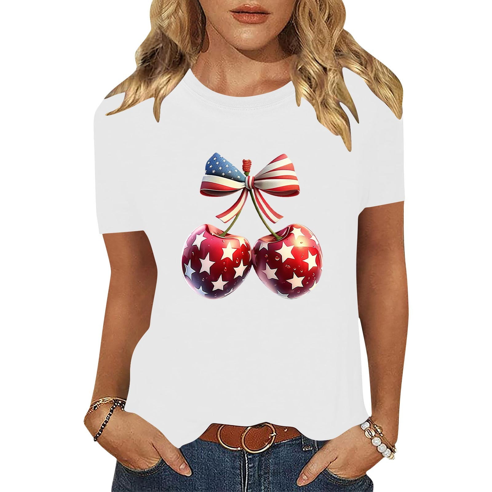 Aobny Cotton Womens Fitted Tops Independence Day White T-Shirt Short ...