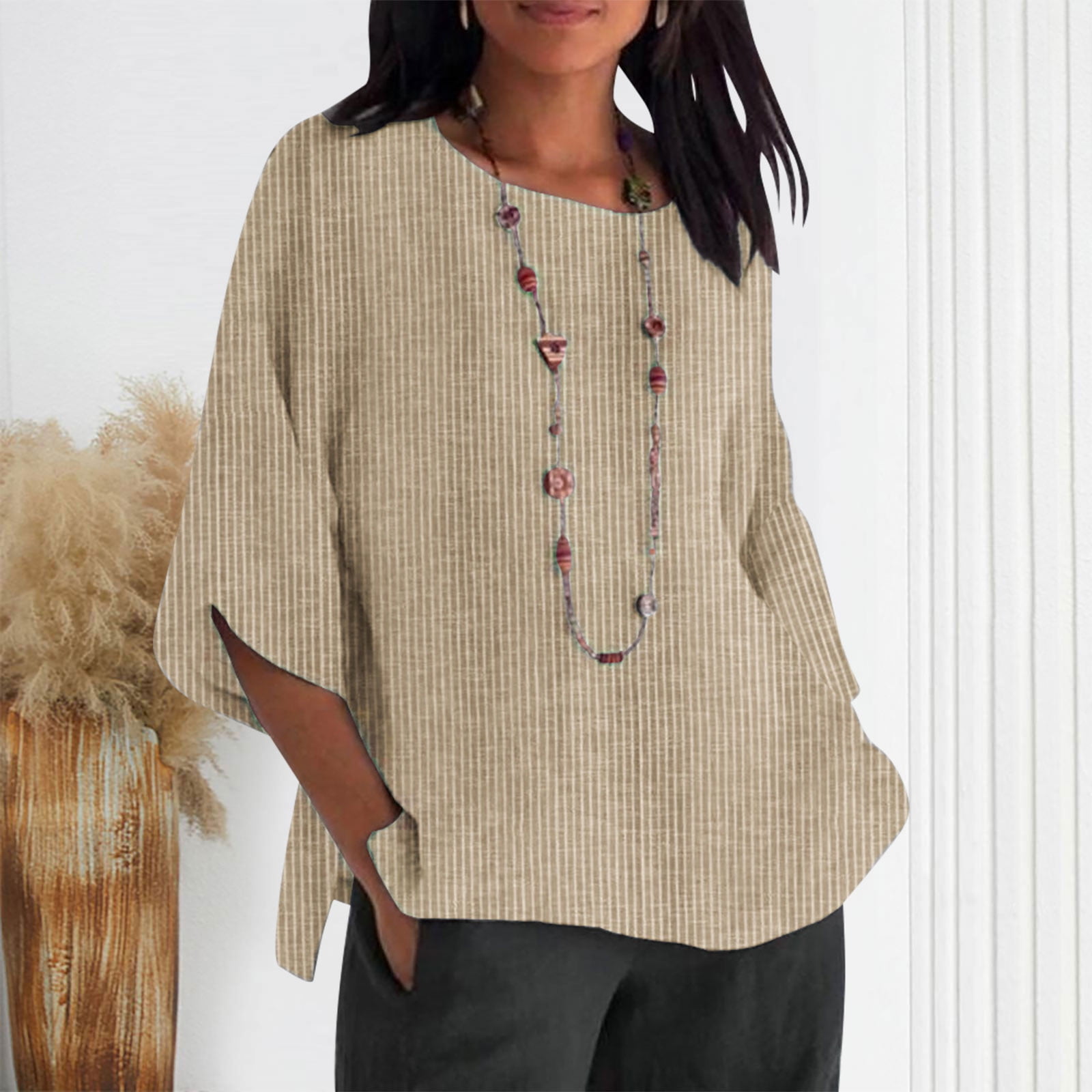 Aobny Country Shirts Women Cotton Striped Beige Tops 3/4 Sleeve Crew ...