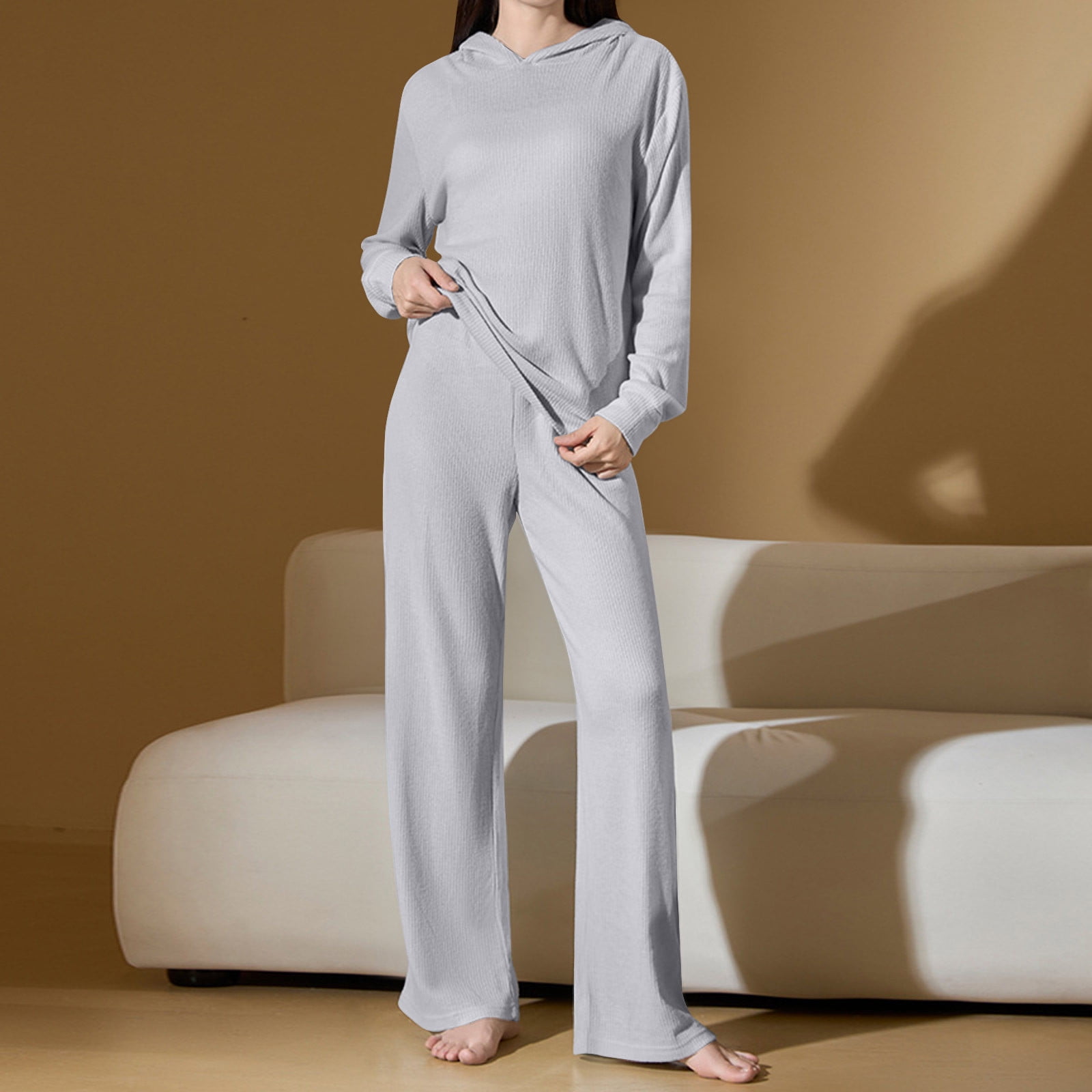 Aobny Cozy Womens Pjs Set Sleepwear Gray Cooling Solid 2 Piece Hoodies ...