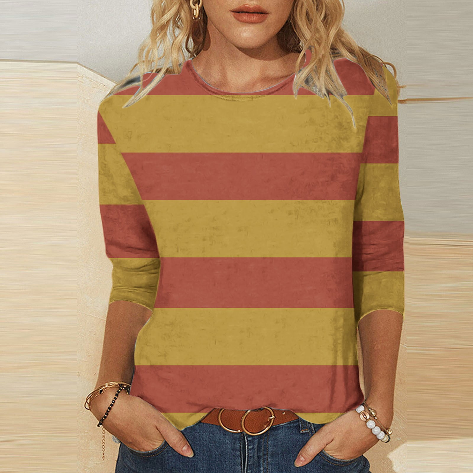 Aobny Crew Neck Plus Size Fall Tops Yellow 3/4 Sleeve Rugby Women ...