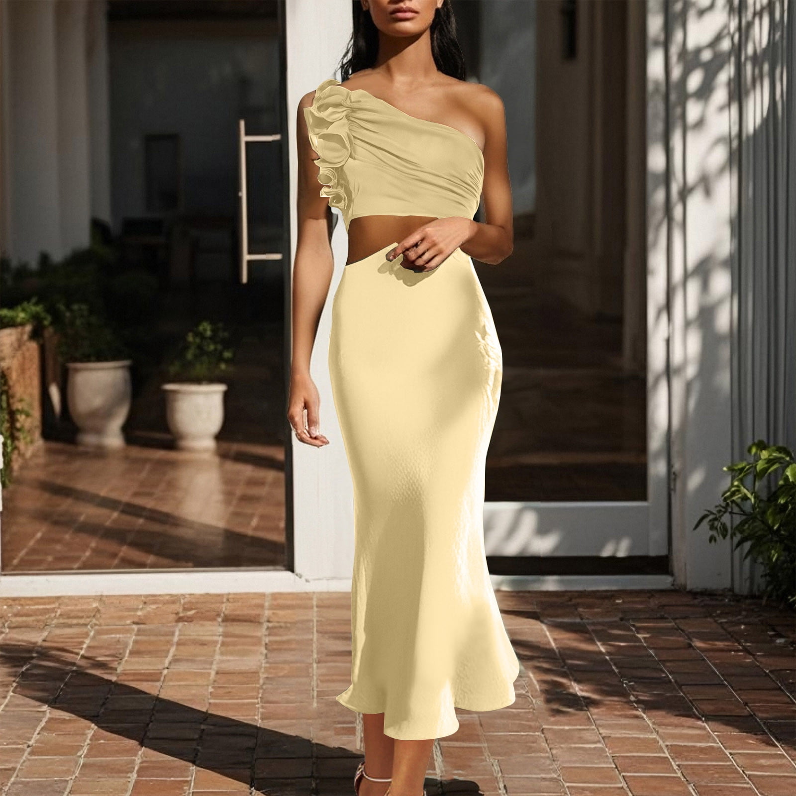 Aobny Cut Out Dressy Dresses Yellow Semi Formal Mermaid One shoulder ...