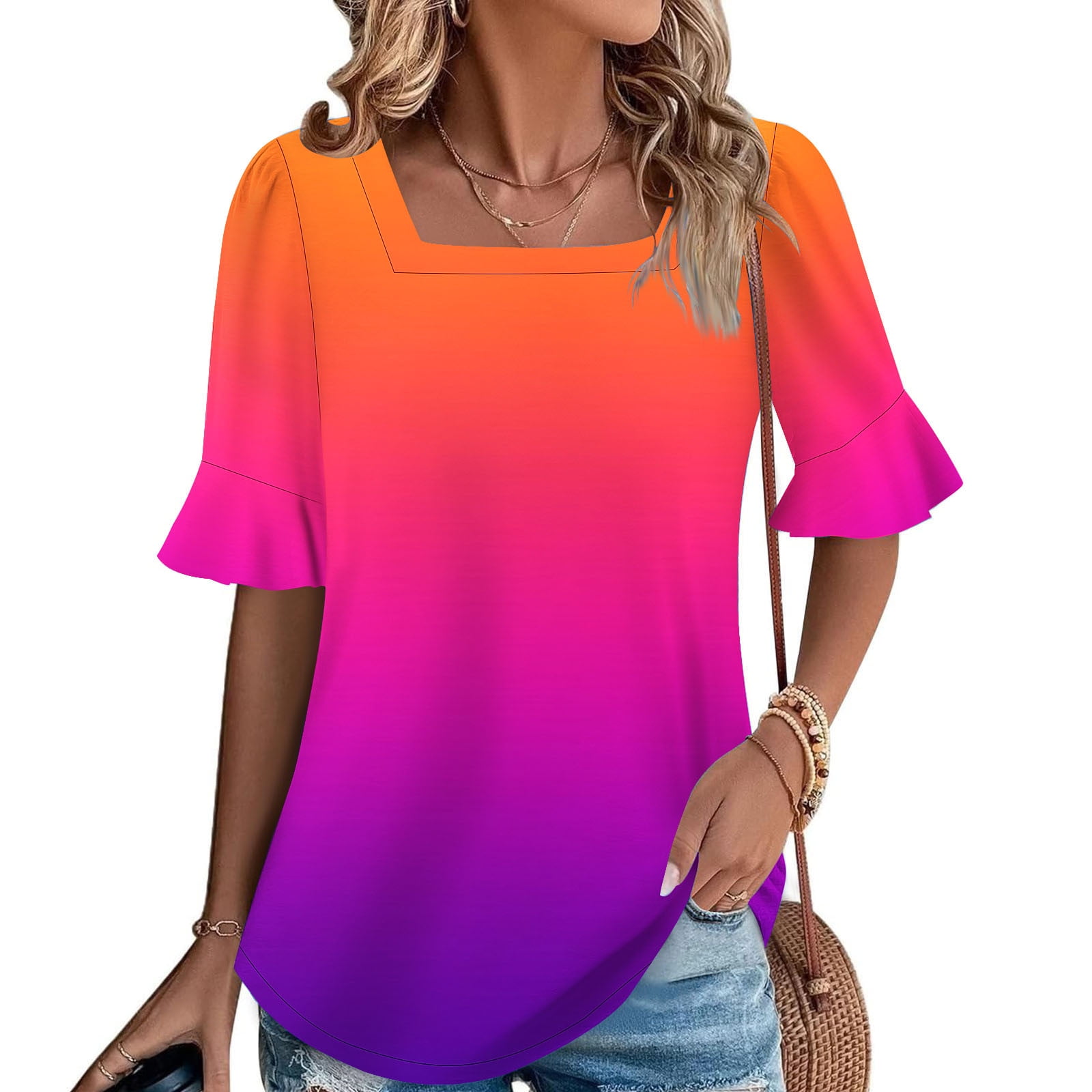 Aobny Cute Spring Tops for Women Ruffle Pink Flowy T-shirts Gradient ...