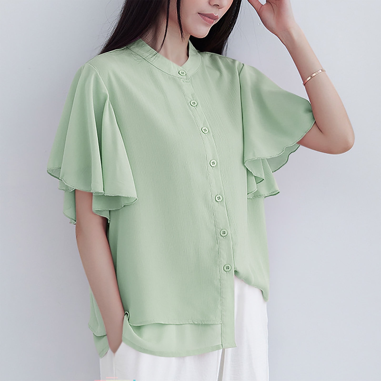 Aobny Cute Tops Women Green Button Up T-shirts Ruffle High Neck Flowy Tops for Women 2025,M ...
