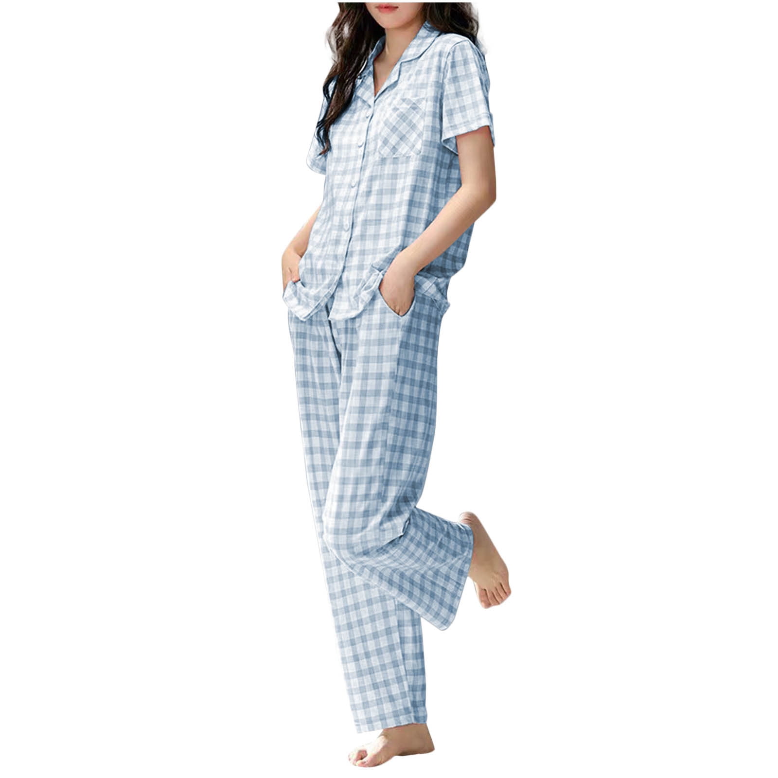 Aobny Cute Womens Pajamas Button Up Blue Cotton Plaid Short Sleeve ...
