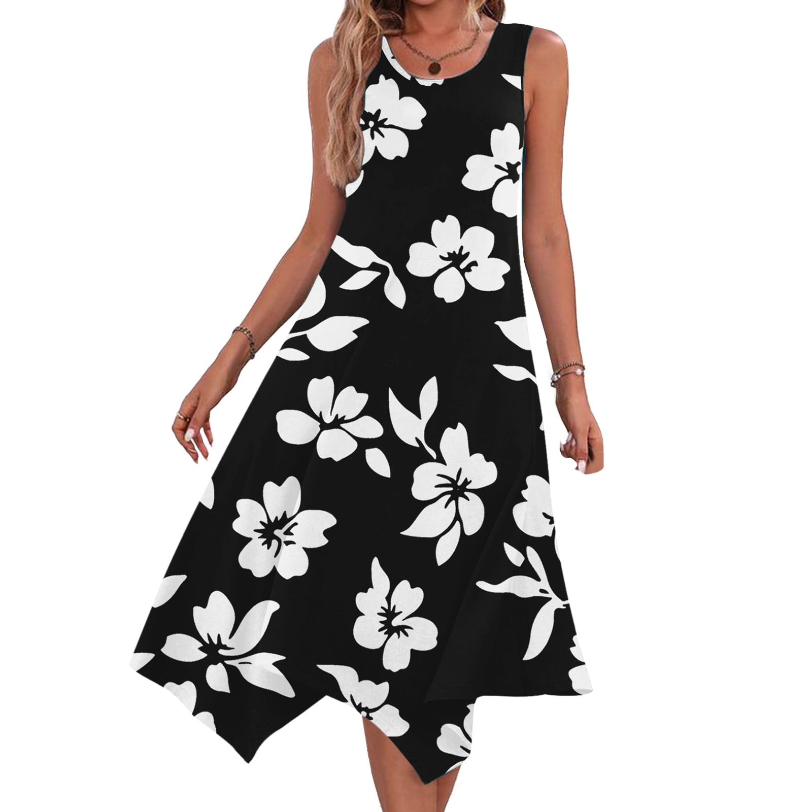Aobny Dresses for Work Black Shift Boho Sundress Floral Sleeveless Tea ...