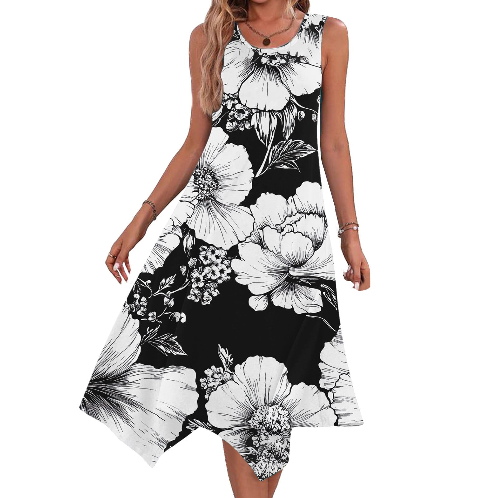 Aobny Dresses for Work Shift Boho White Sundress Sleeveless Tea-Length ...